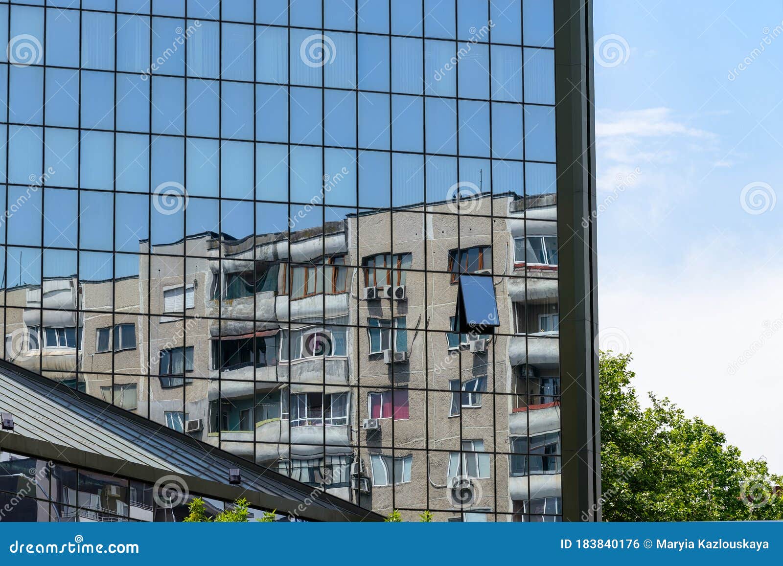 Old Residential Multi-storey Panel House Reflected in the Mirrored Wall ...