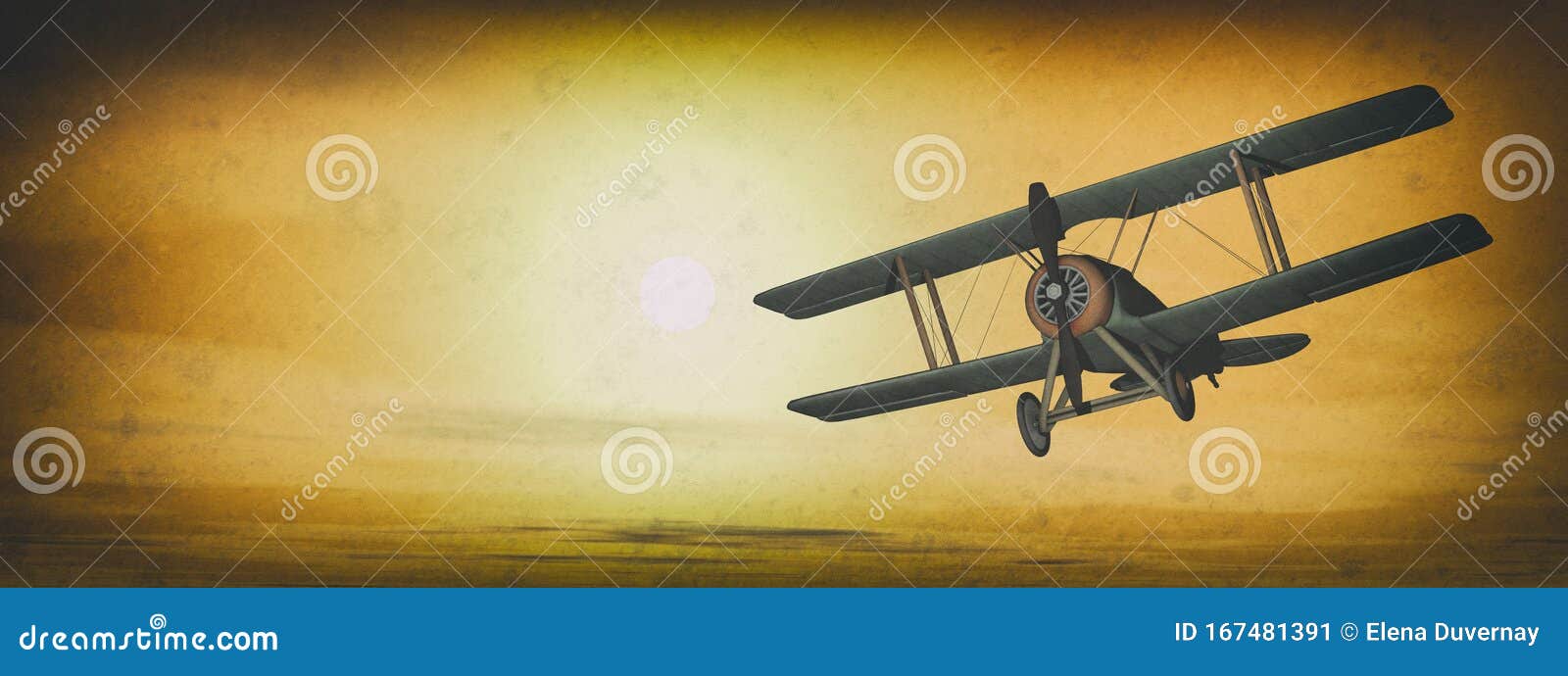 Old Retro Biplane Flying in the Sky - 3D Render Stock Illustration ...
