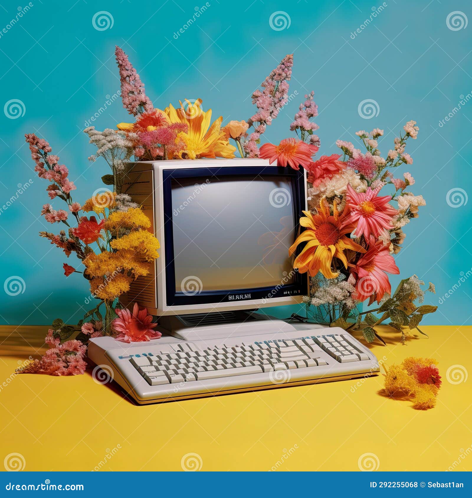 Old Retro Computer Surrounded by Delicate Flowers on a Solid Background ...