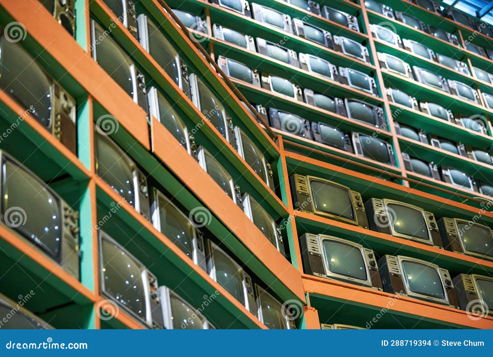 Old Retro CRT TVs All Over the Wall Stock Photo - Image of shelf ...