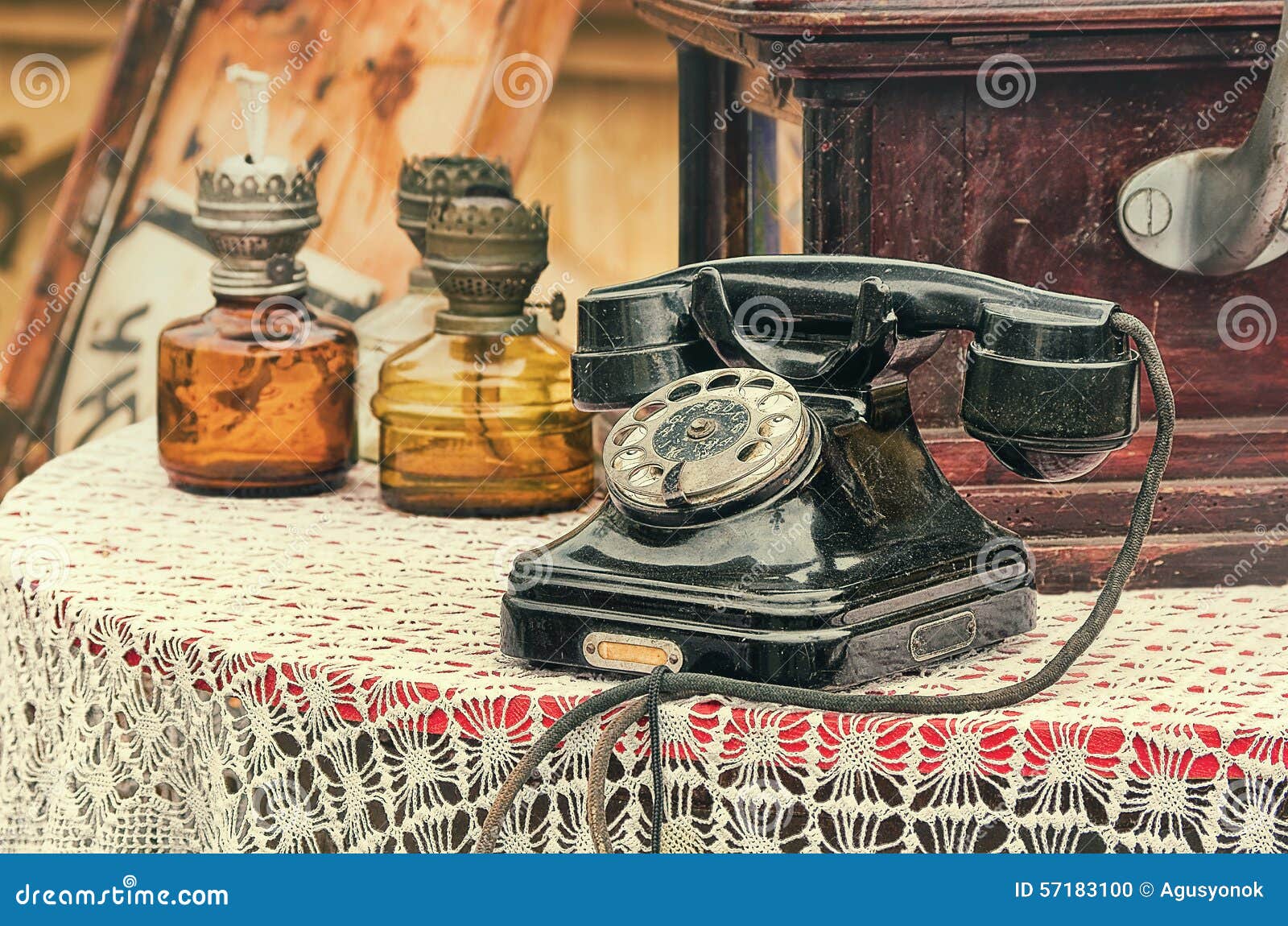 Old Retro Objects Antique Telephone and Gas Lamps on the Table Stock ...