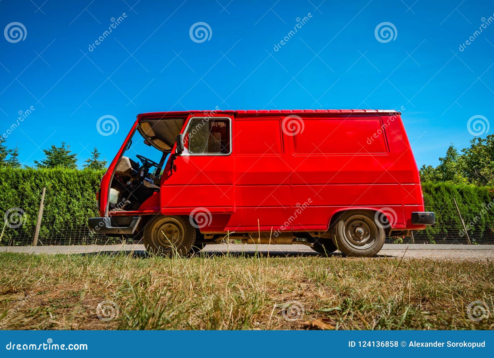 Old Retro Red Minibus on Blue Sky Background Stock Photo - Image of ...
