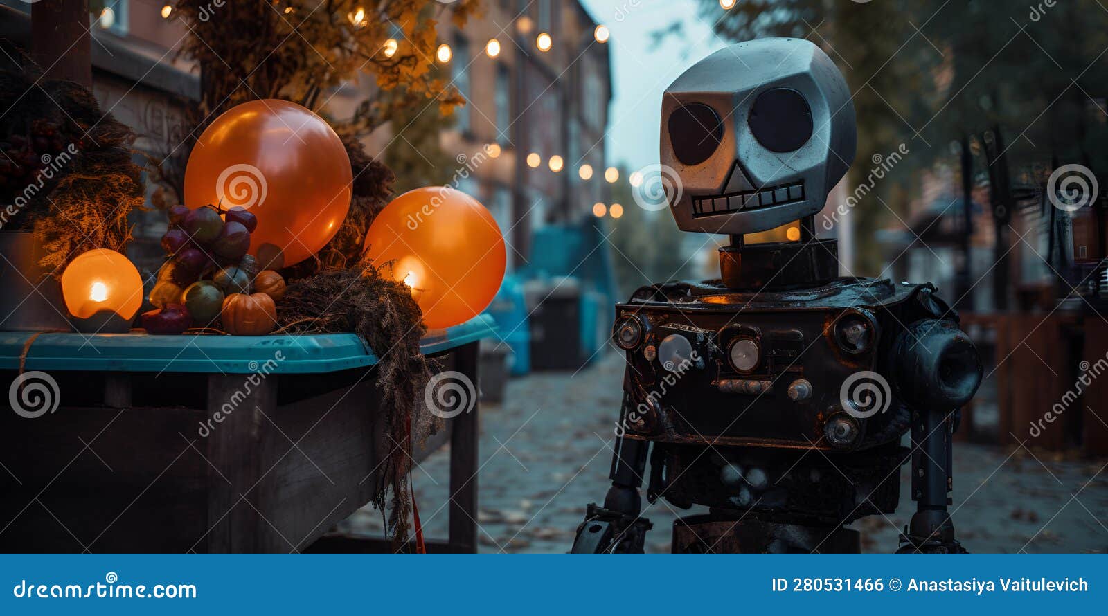 Old Robot in Halloween Decorated Street. Generated AI Stock ...