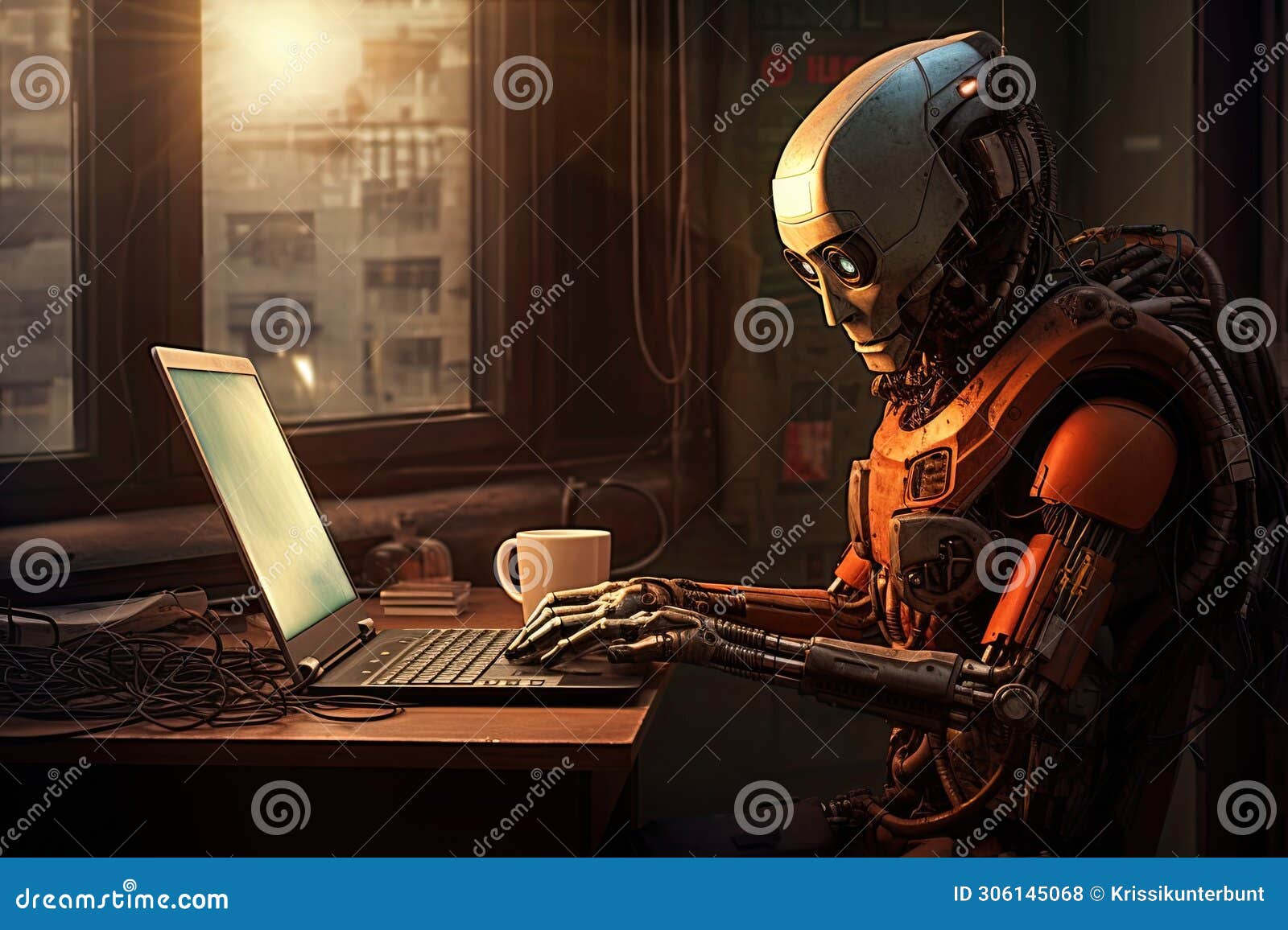 Old Robot Work on Computer in Office Digital Technology AI Generated ...