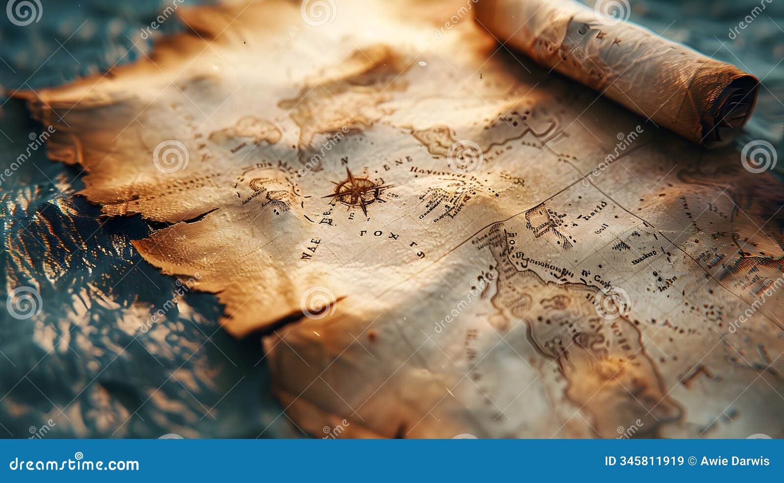 Old Rolled Map with Compass Illustration Stock Illustration ...