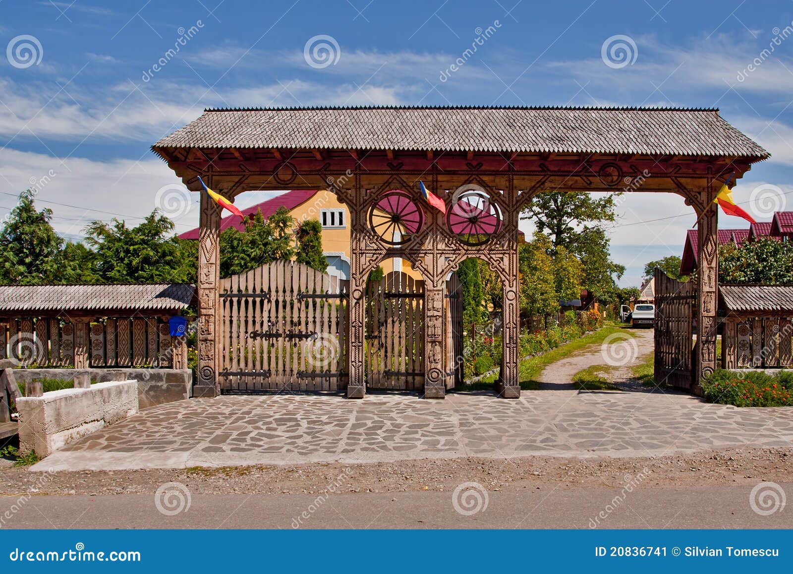 Old Romanian wood gate stock image. Image of grass, flags - 20836741