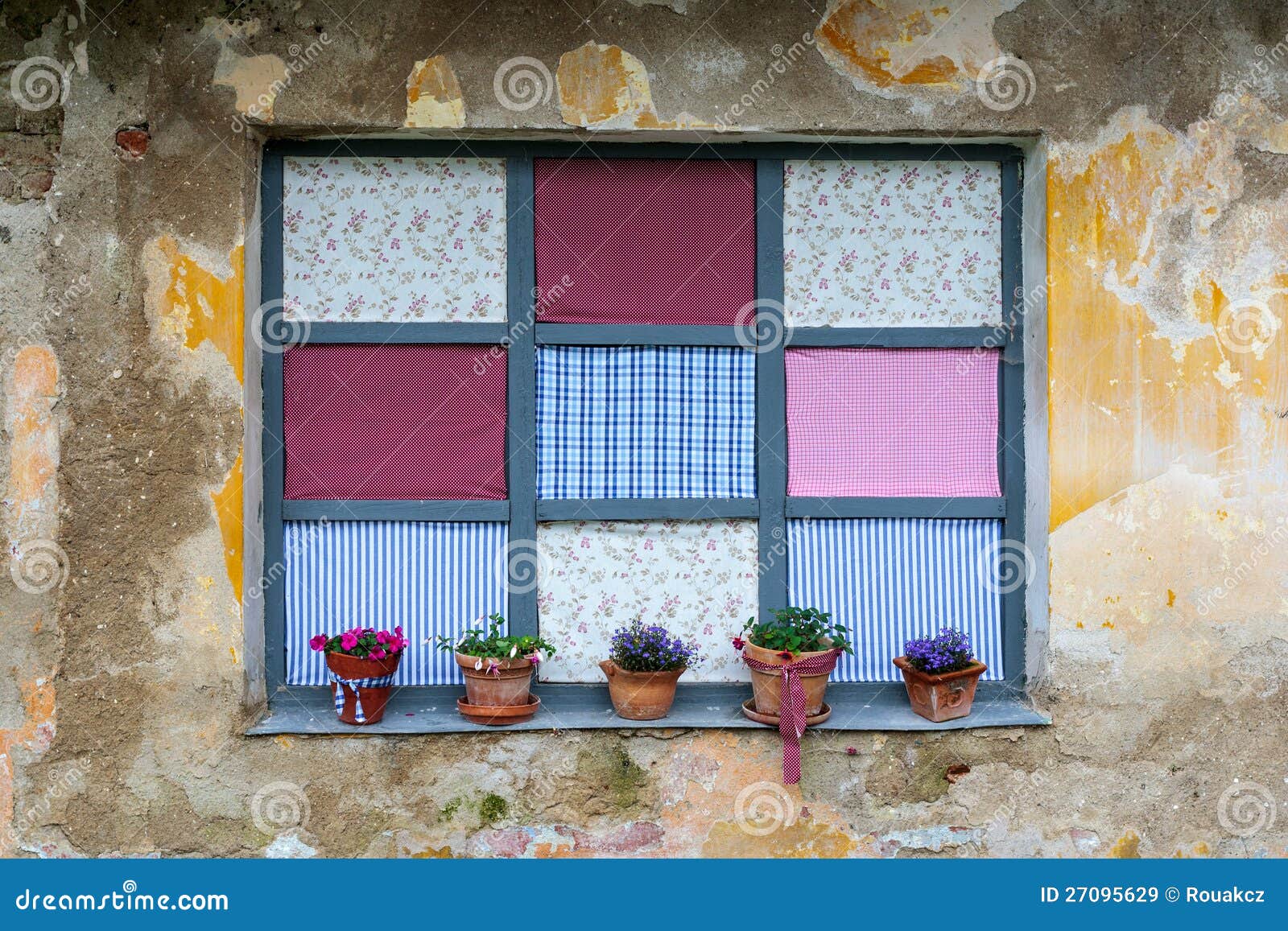 Old Romantic Windows with Flowerpots Stock Image - Image of rural ...