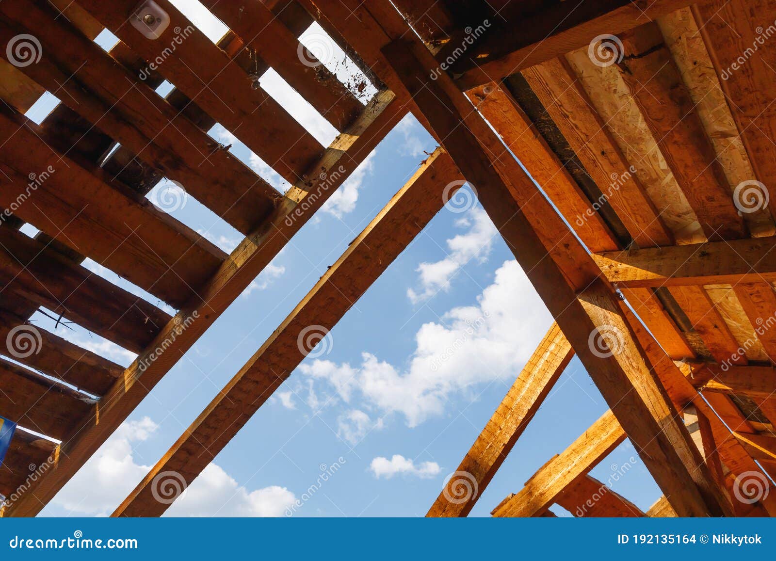 Old Roof Renovation, Frame of the Roof Against Blue Sky Background ...