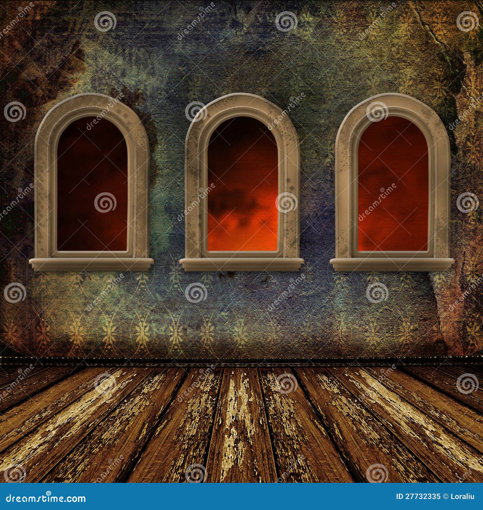 Old Room, Grunge Interior with Windows Stock Illustration ...