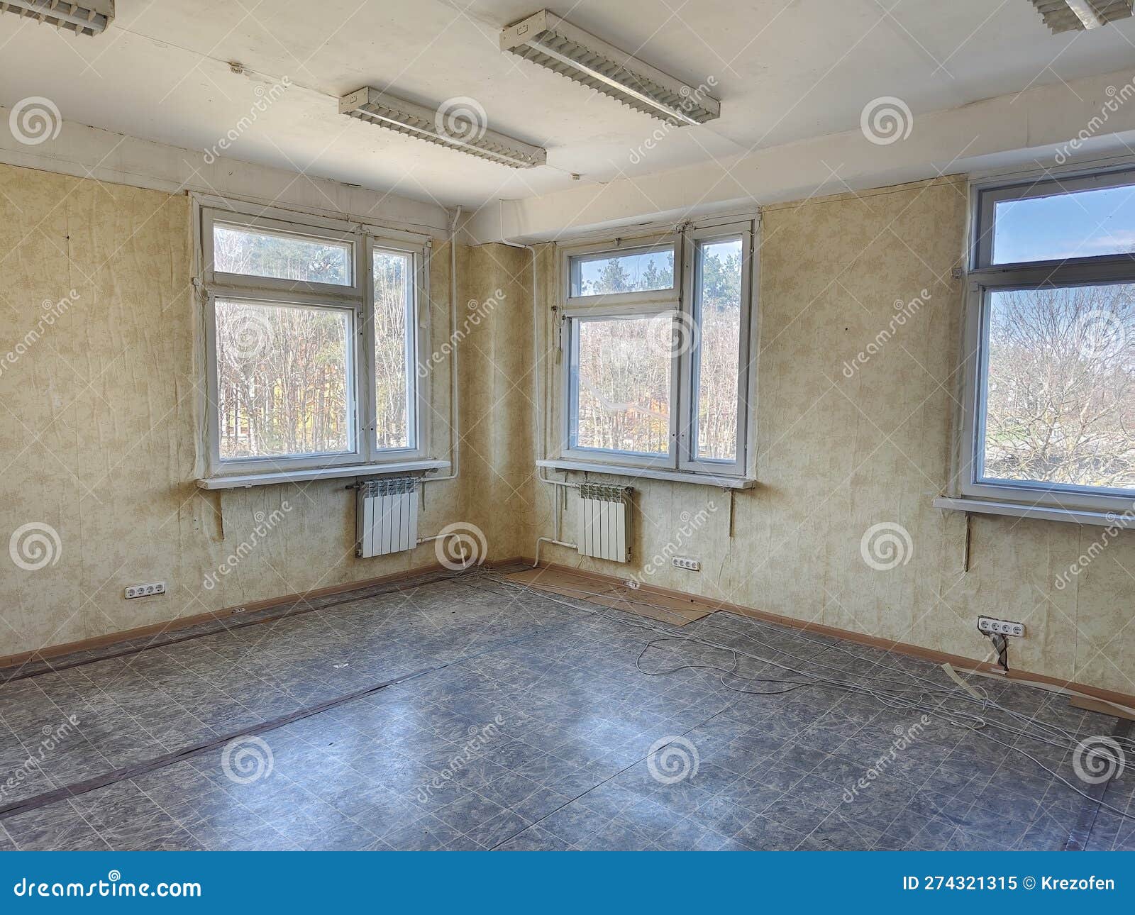 An Old Room with Two Large Windows that Needs Renovation Stock Image ...