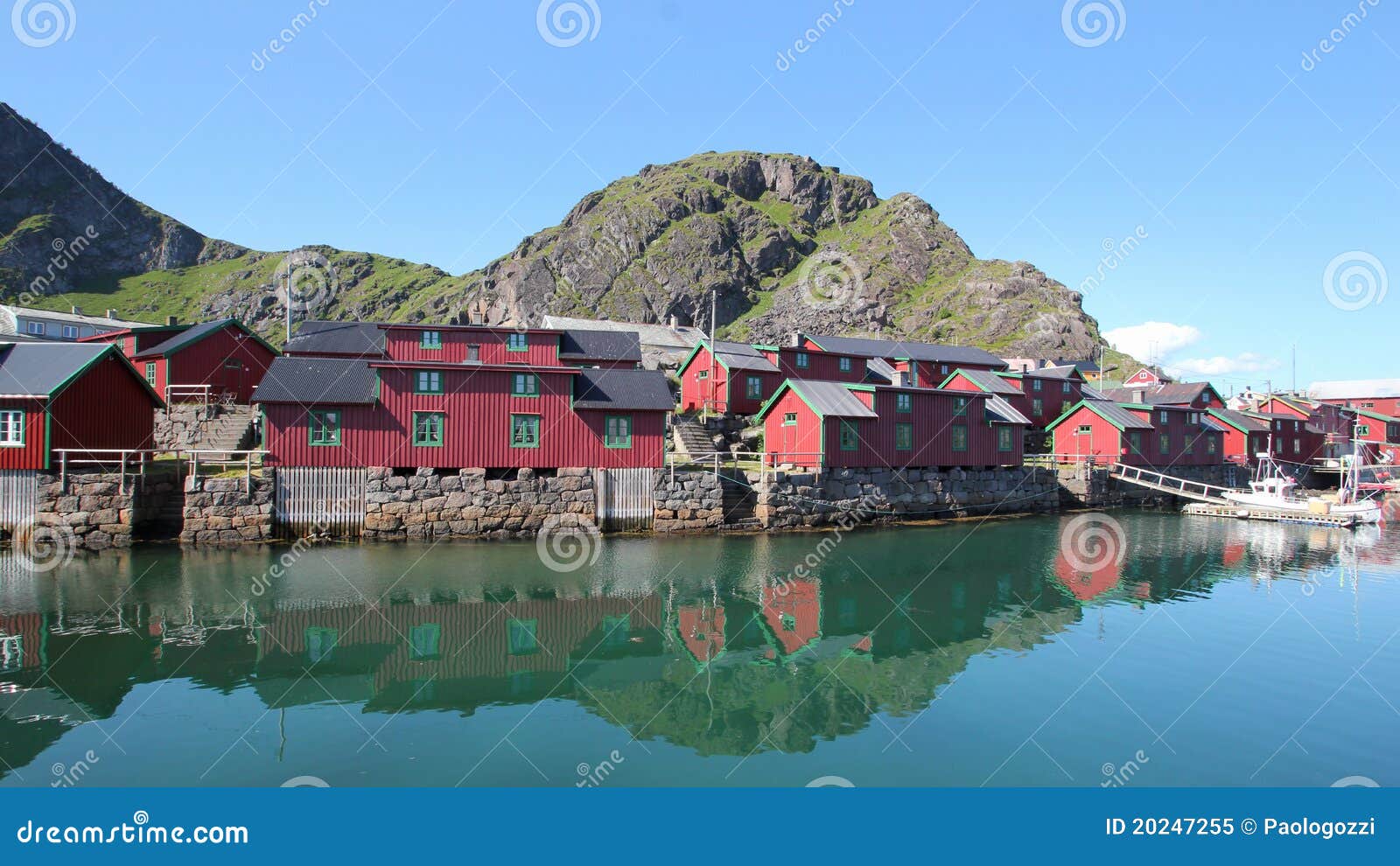 Old Rorbuer of Stamsund and Boat Stock Image - Image of blue, fjord ...
