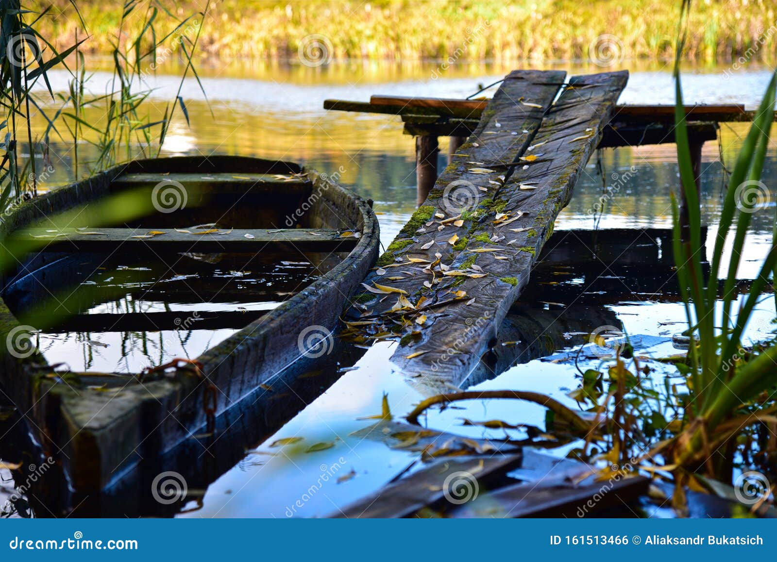 Old Rotten Boat on the River in Autumn Stock Photo - Image of shore ...