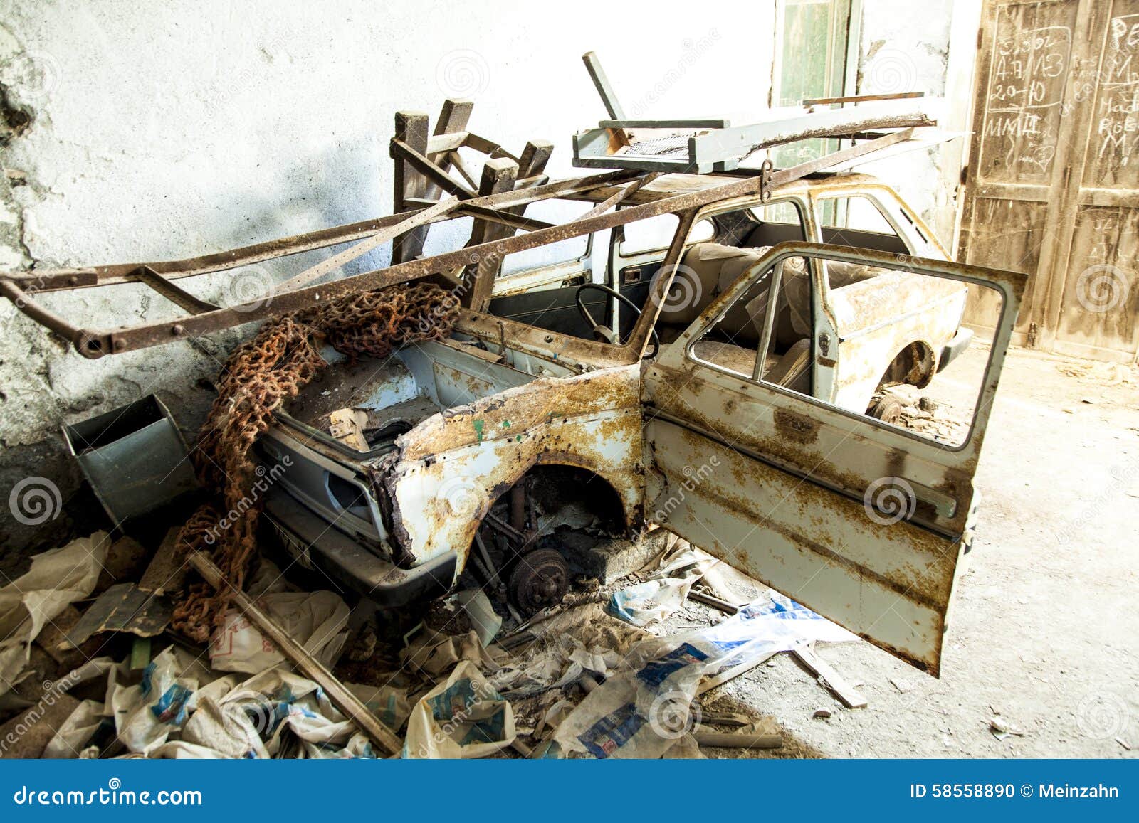 Old rotten car in factory stock photo. Image of equipment - 58558890