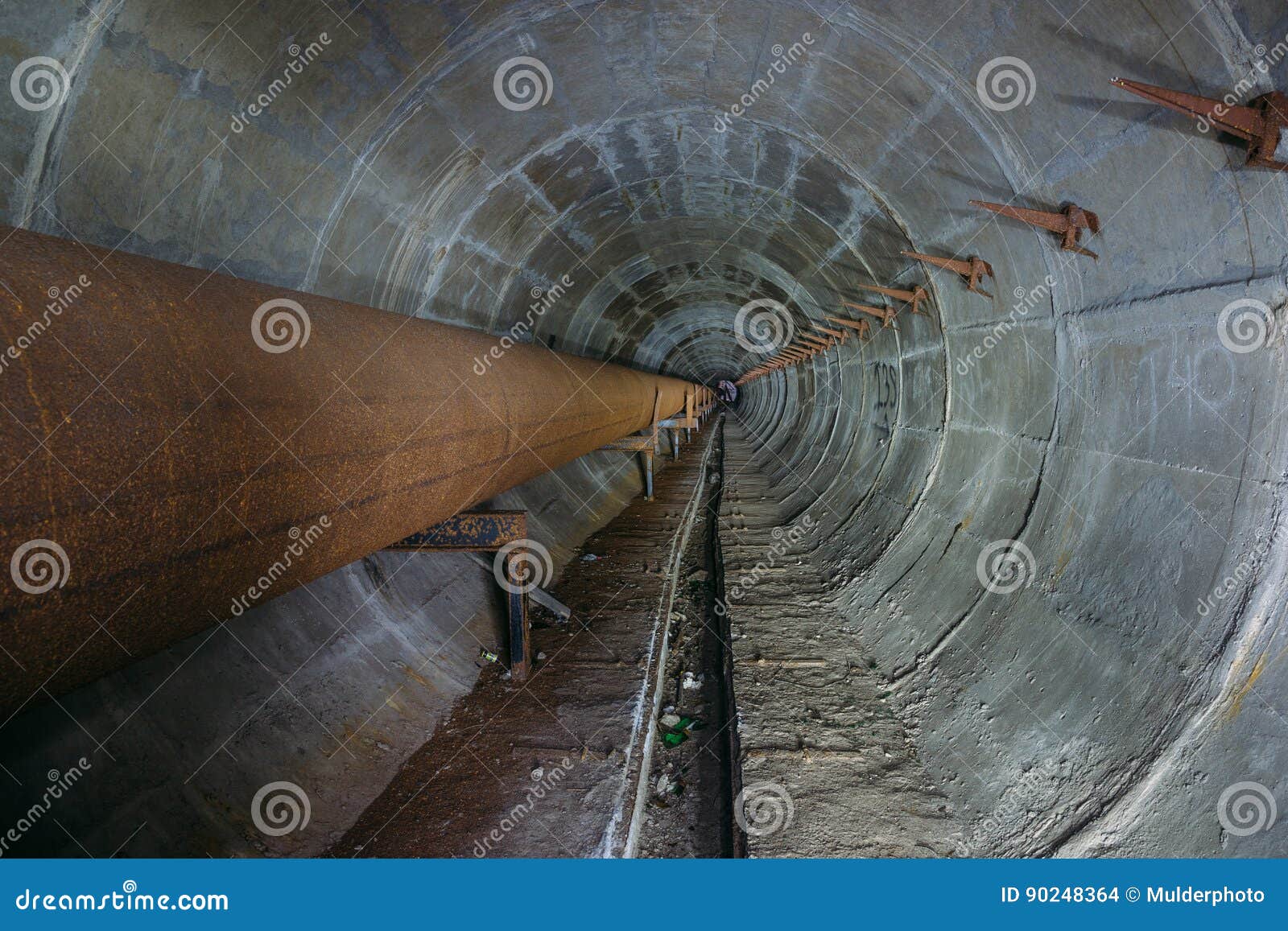 Old Round Dirty Underground Technical Tunnel of Heating Duct with Rusty ...