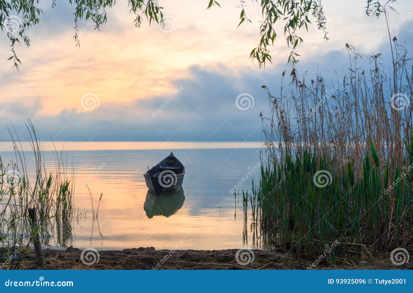 Old Rowboat on the Lake at Sunset in Summer Stock Photo - Image of ...