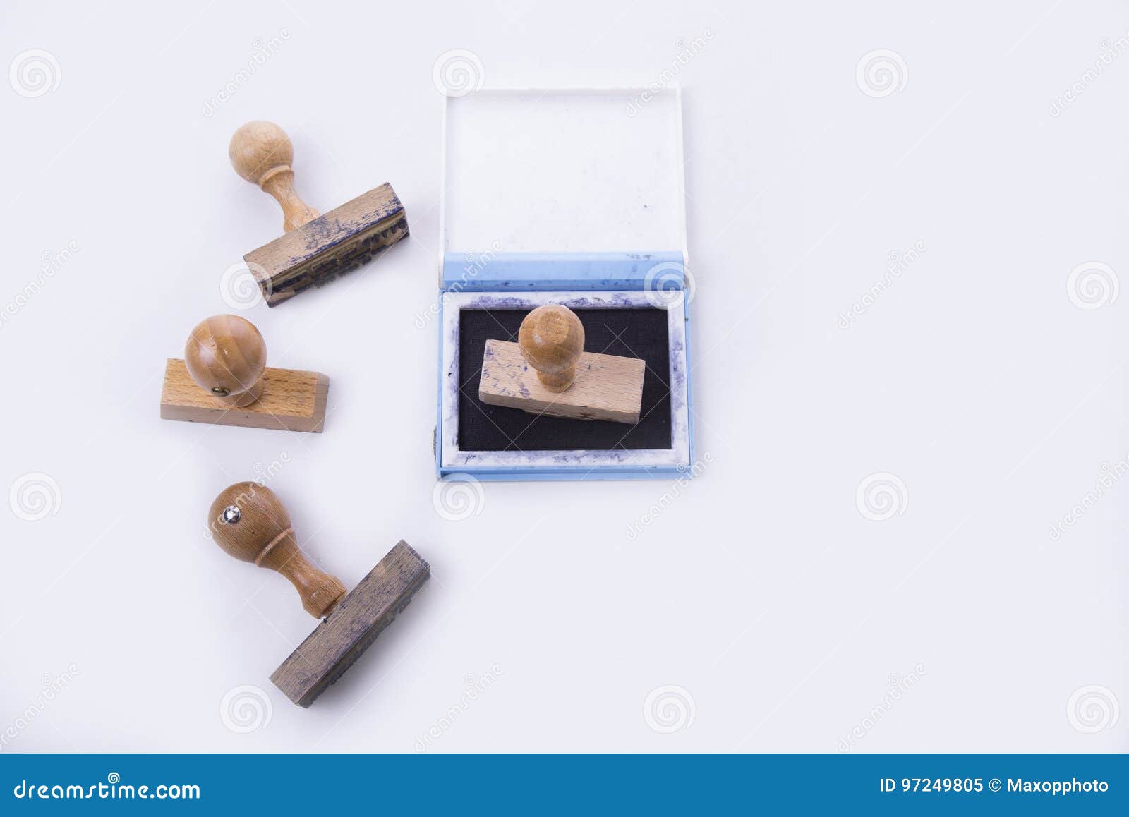 Old Rubber Stamps with the Pad on White Background Stock Image - Image ...