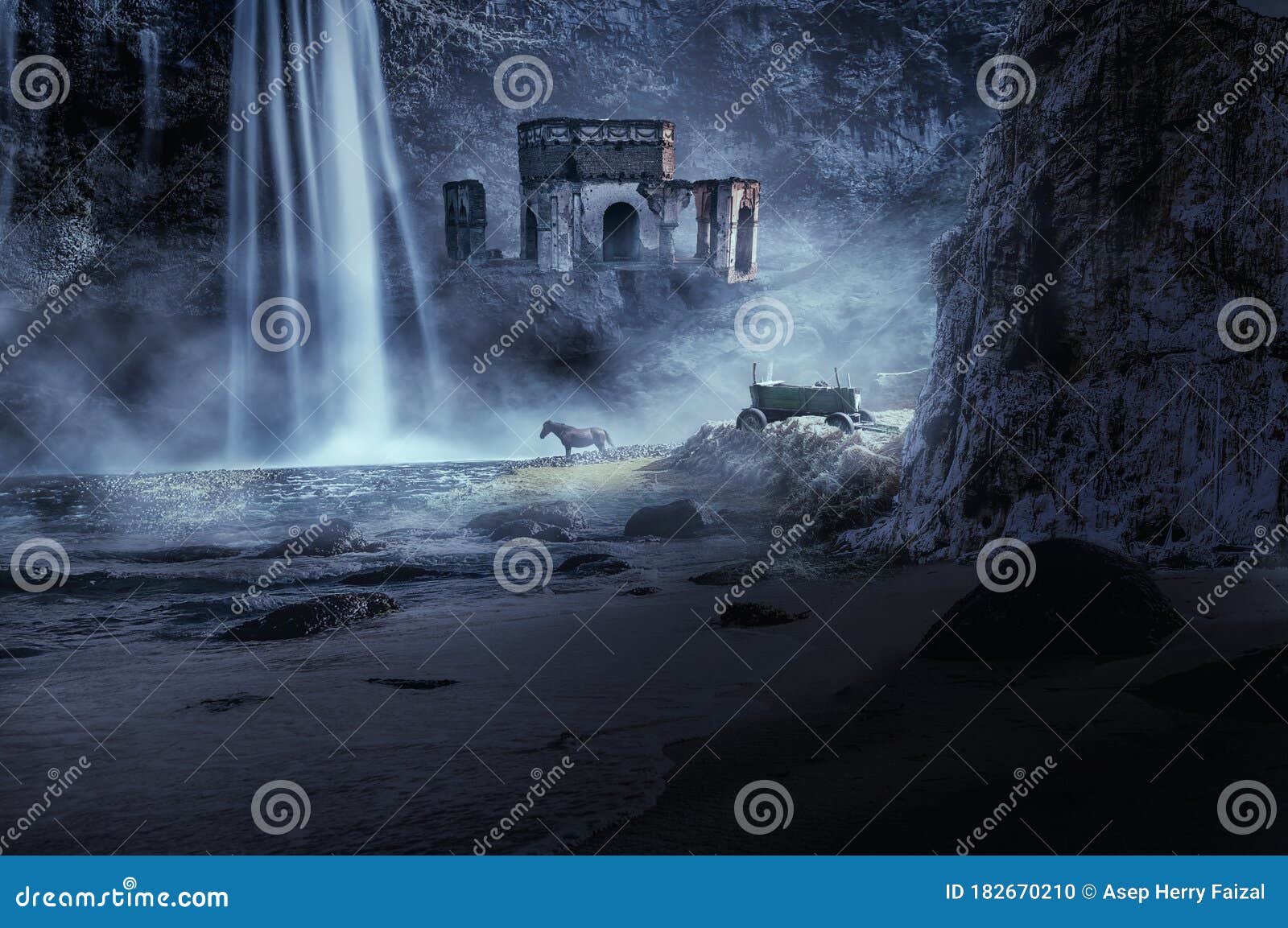 Old Ruin with Waterfall in Fantasy Scene Stock Photo - Image of dark ...