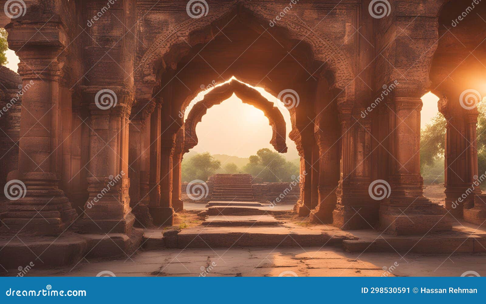 Old Ruined Arch in Ancient Temple at Sunset in India Stock Illustration ...