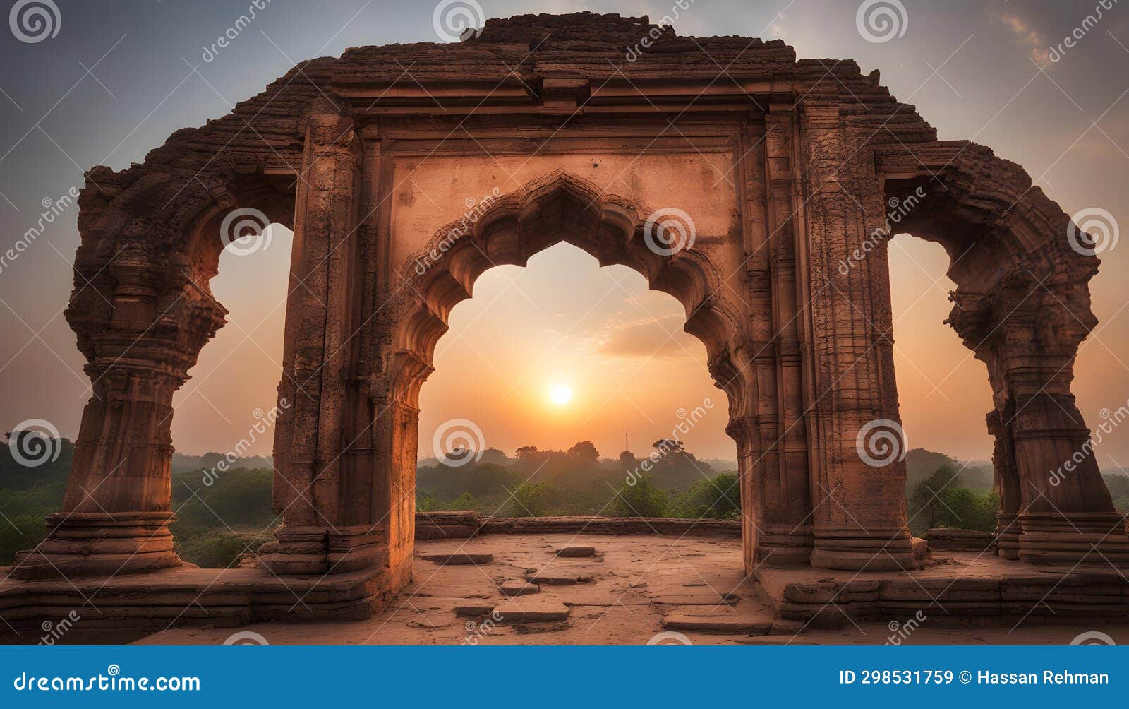 Old Ruined Arch in Ancient Temple at Sunset in India Stock Illustration ...