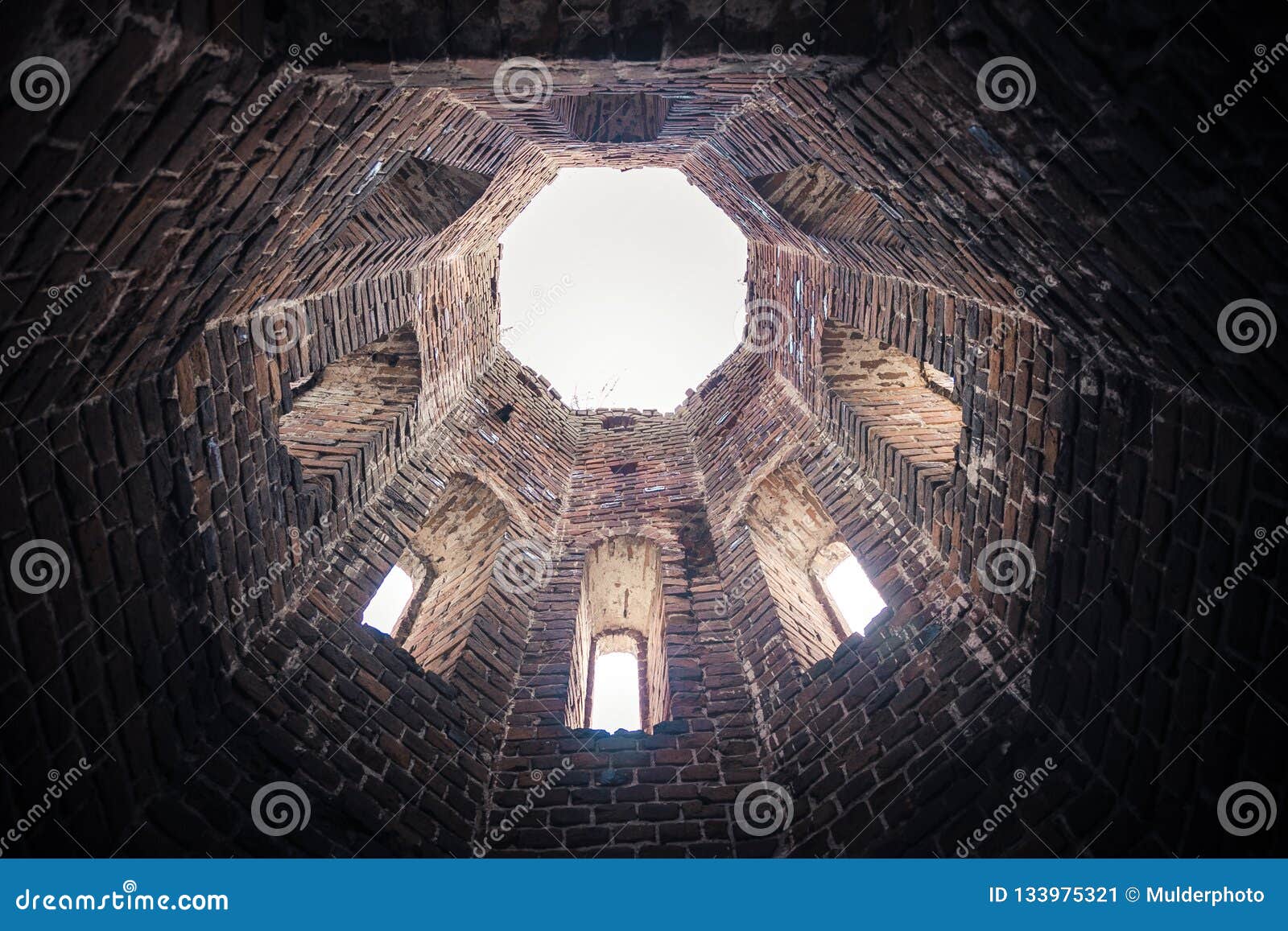 Old Ruined Castle Tower. Bottom View from Inside, Looking Up in Tower ...