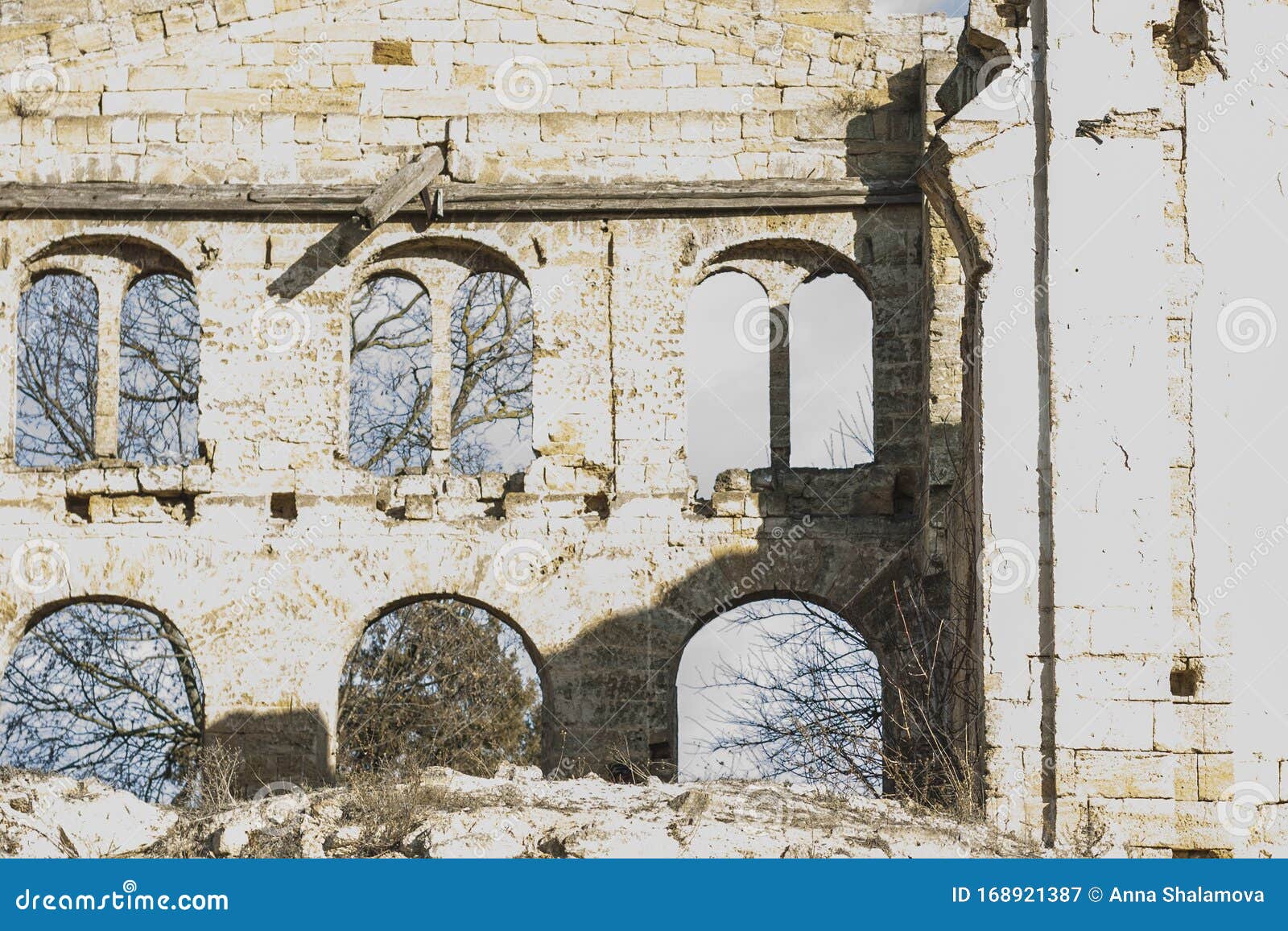 Old Ruined Castle Wall with Empty Windows and Doorways through Which ...