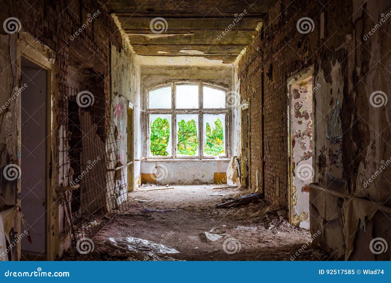 Ruined Room With Holes In Wall, Ceiling And Broken Windows In A Loft ...