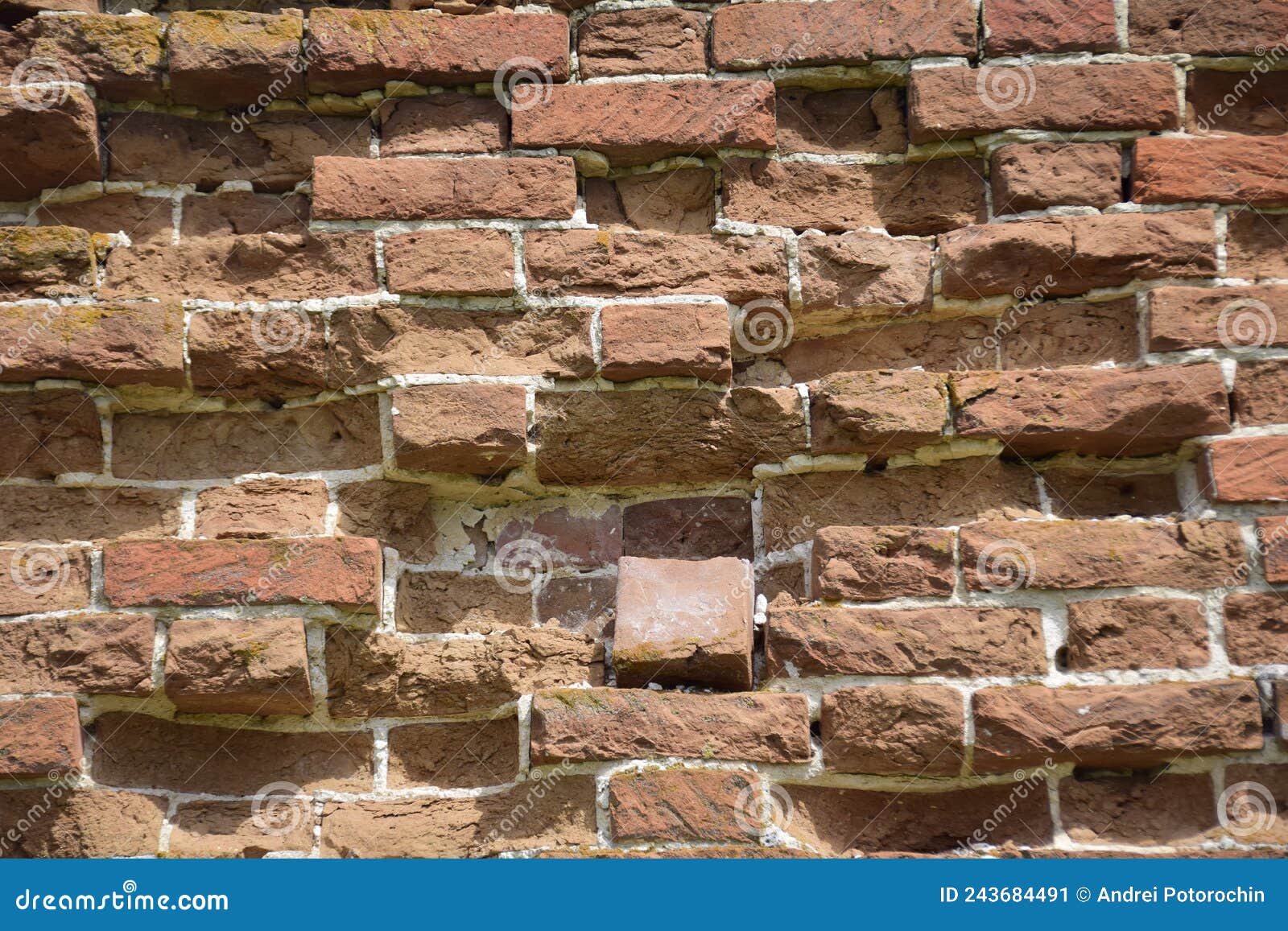 An Old Ruined Wall Made of Clay Bricks. Stock Image - Image of rock ...