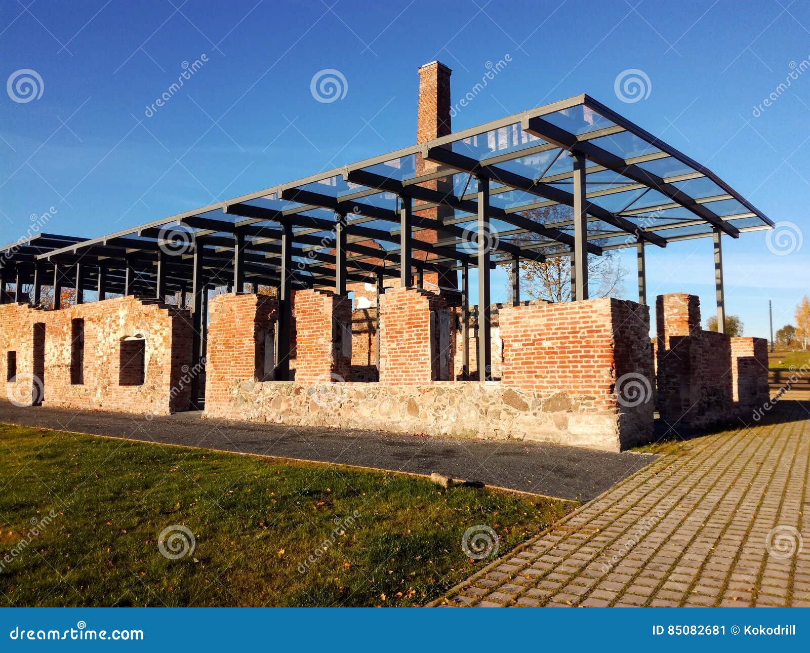 Old ruins with modern roof stock image. Image of glass - 85082681