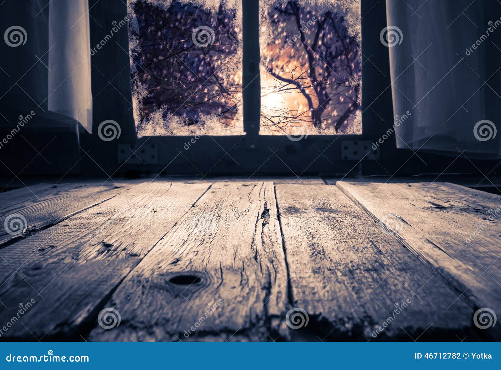 Old Rural Interior Window Table Overlooking Winter Evening Stock Photo ...