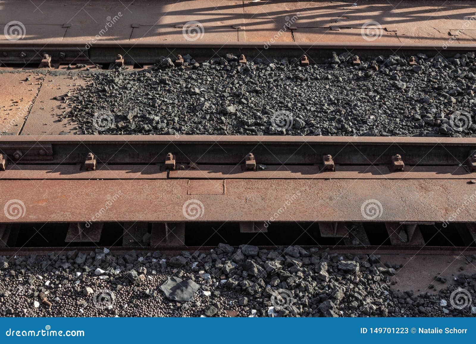 Old Rust Covered Train Tracks Littered With Rocks And Iron Pellets ...