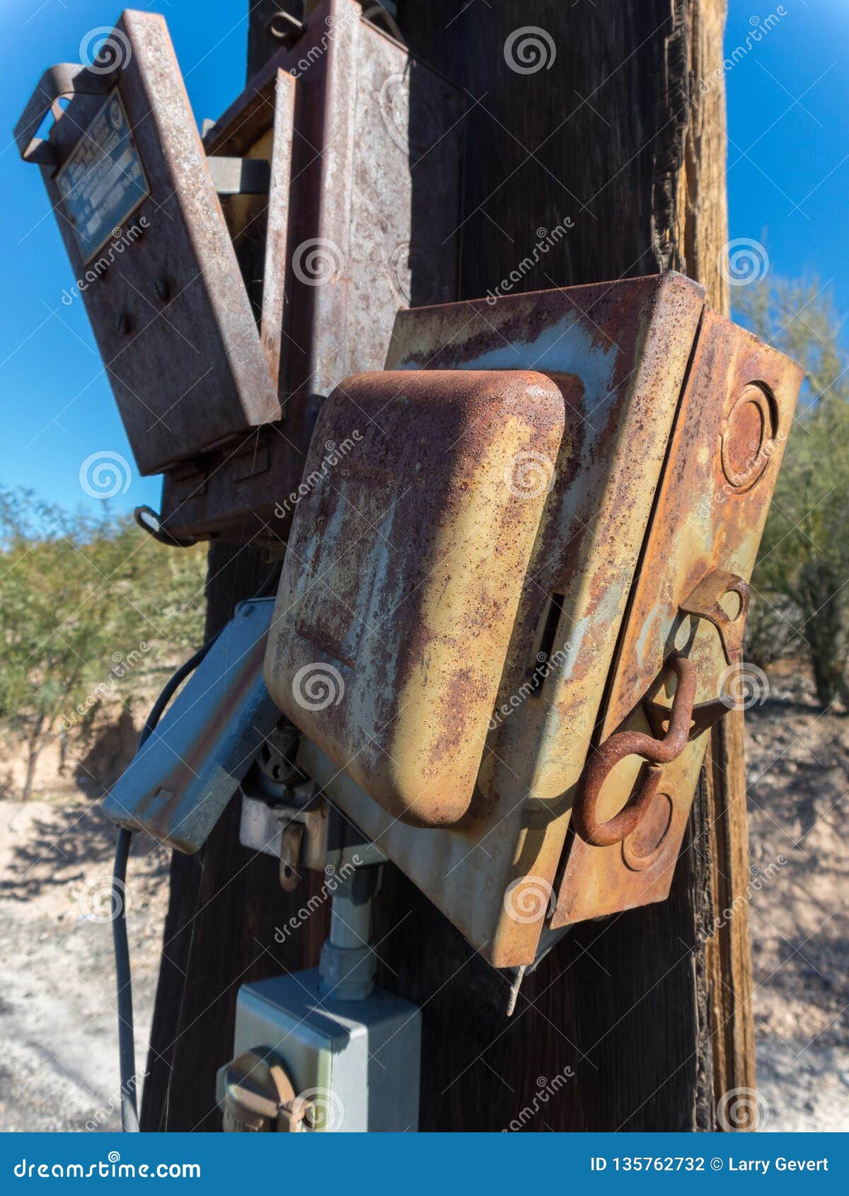 Rusted Electrical Box On Old Wooden Utility Pole Stock Image ...