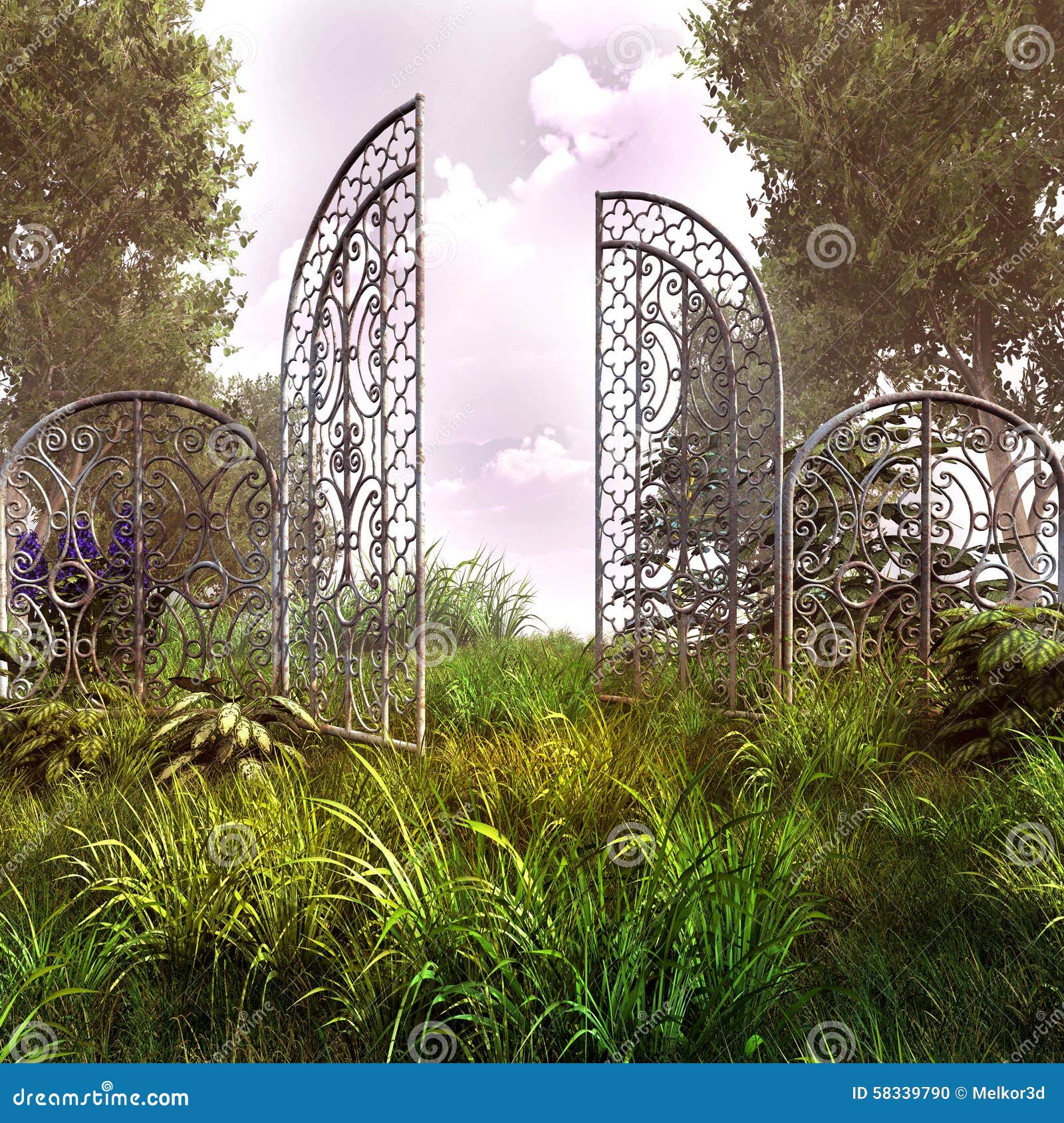 Old rusted garden gateway stock illustration. Illustration of grass ...