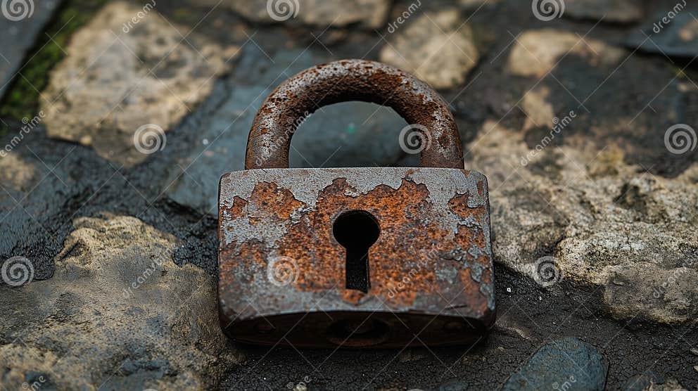 An Old Rusted Padlock Lies Open on a Textured Stone Surface Stock ...
