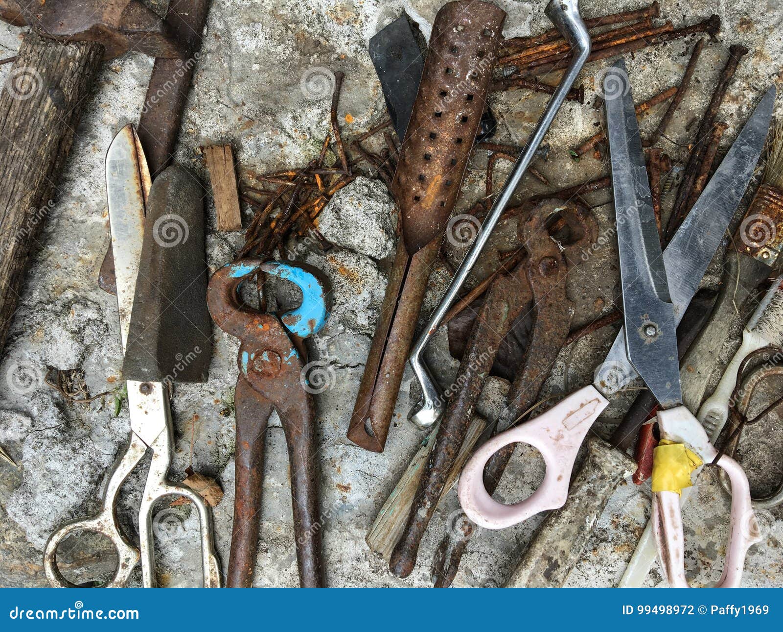 Old Rusted Tools Over Concrete Stock Photo - Image of building, vintage ...