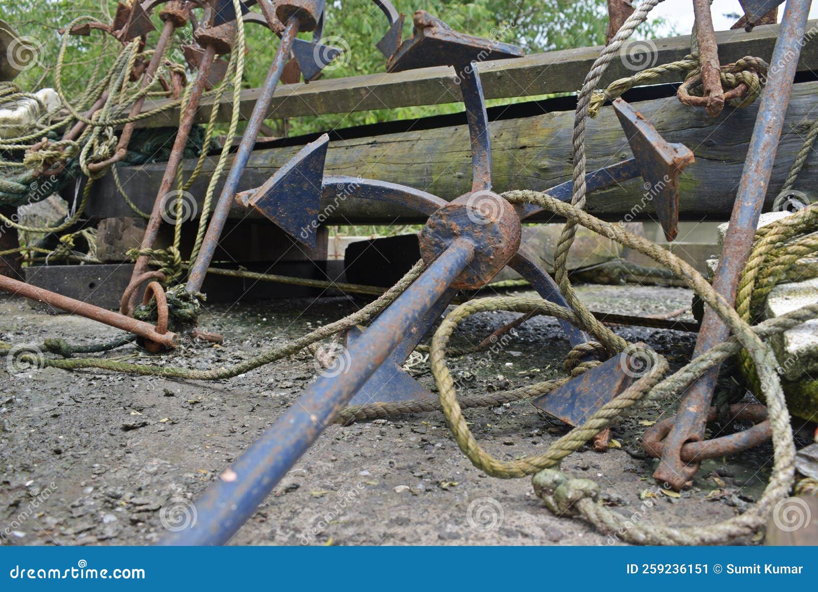 Old rustic anchor on boat stock image. Image of rustic - 259236151