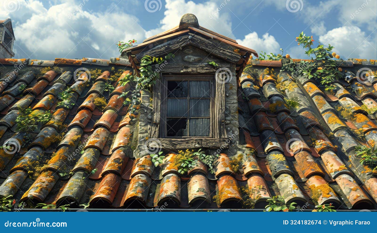 Old Rustic Attic Window with Broken Glass on Mossy Tiled Roof Stock ...