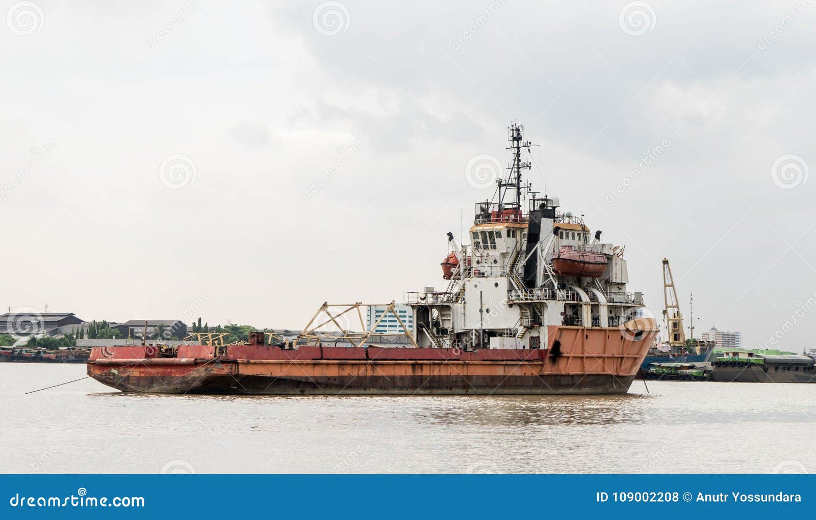 Old Rustic Construction Ship on River Stock Photo - Image of port ...