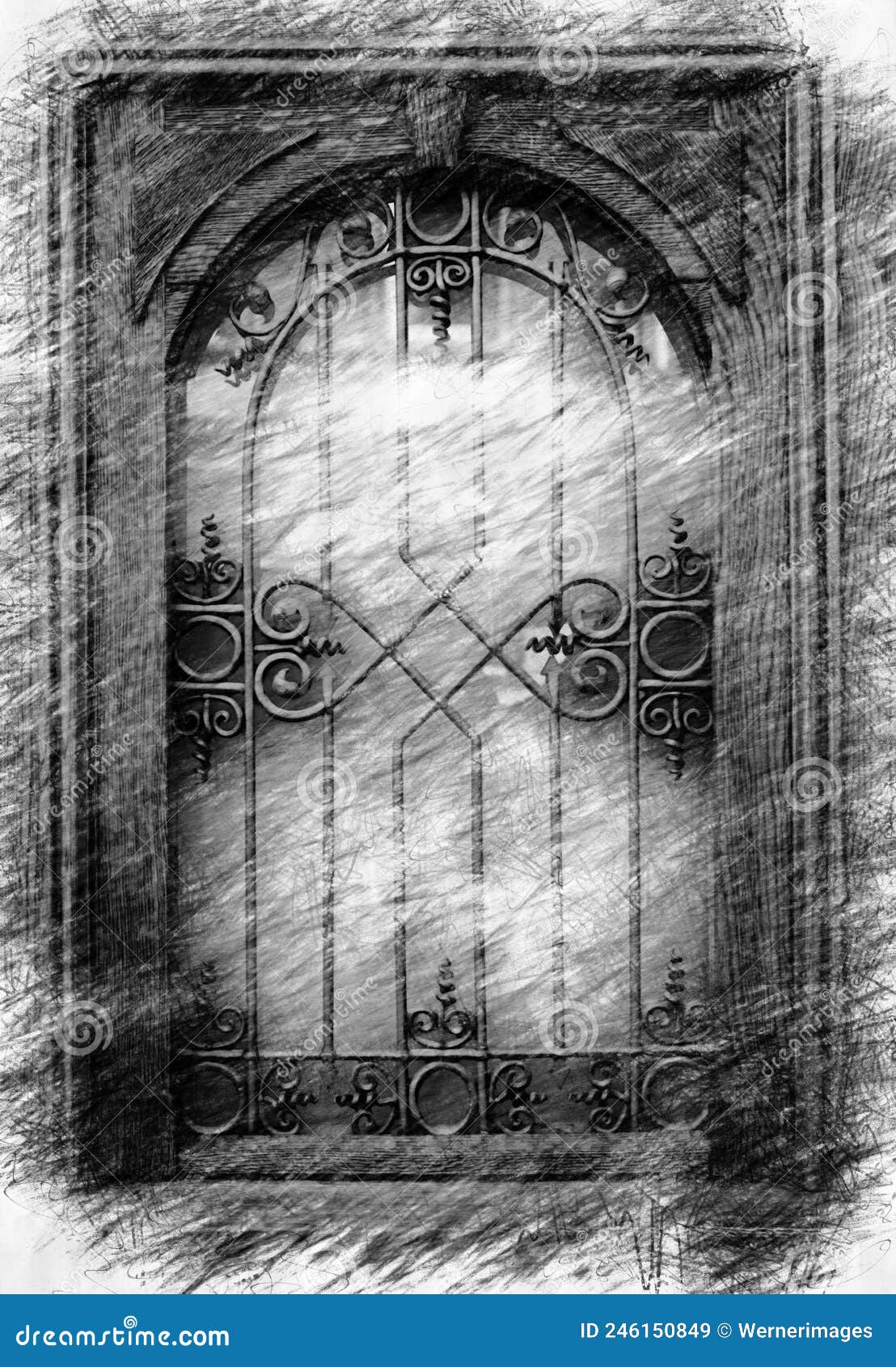 Old Rustic Door With Ironwork In Pencil Drawing Style Royalty-Free ...