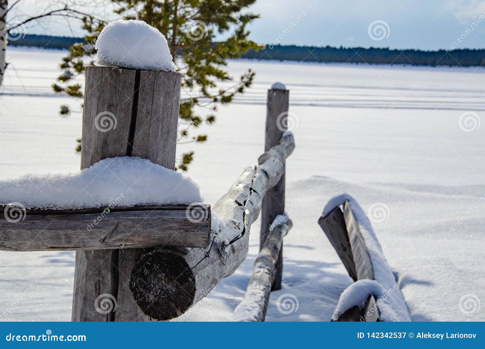 Old Rustic Fence in the Snow. Snow Melting Stock Image - Image of ...
