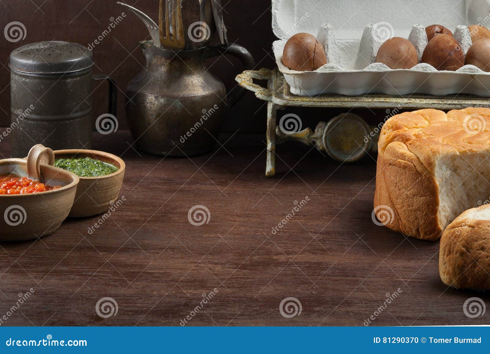 Old Rustic Food Background with Bread Egg and Sauce Stock Photo - Image ...