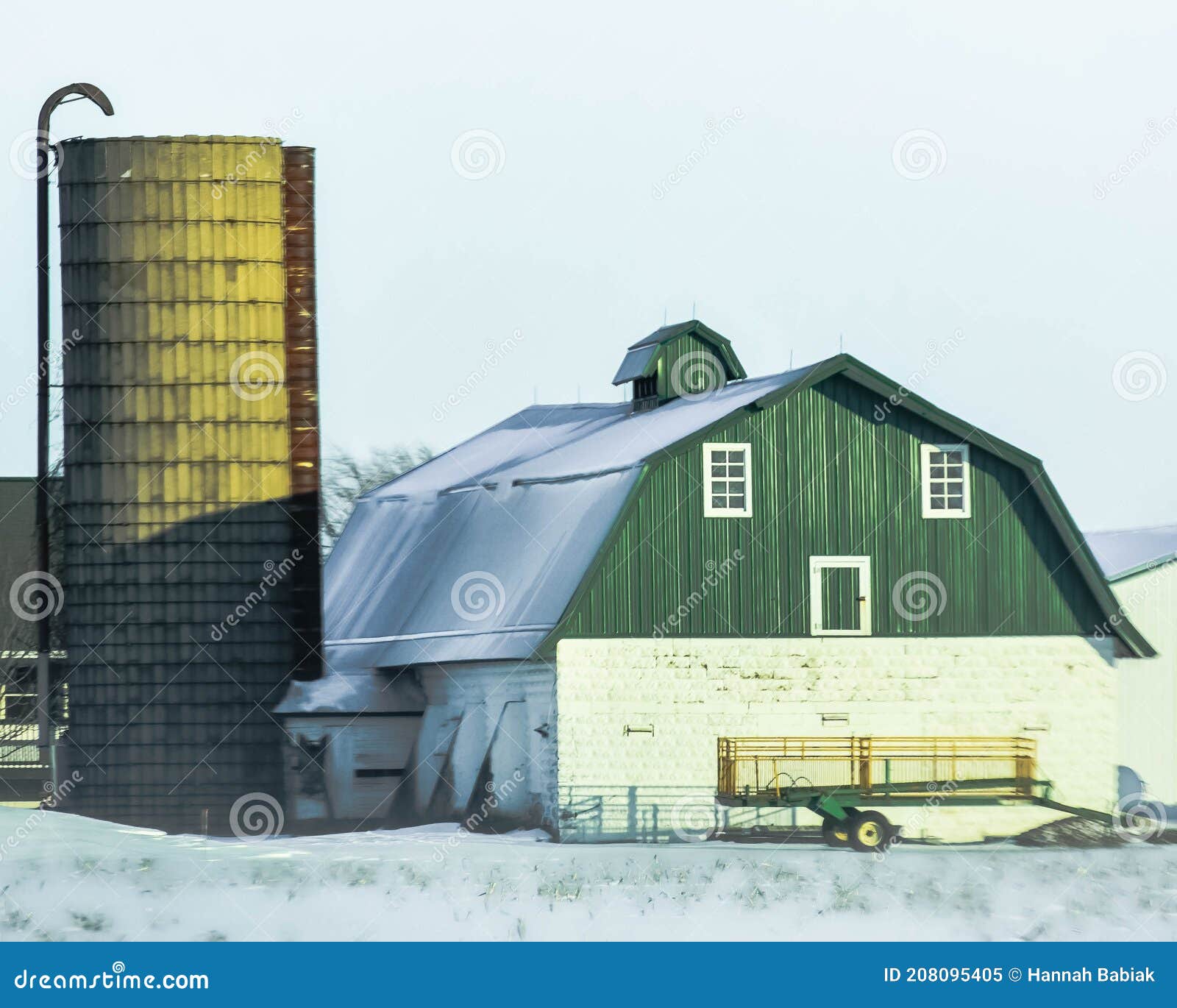 Old Rustic, Green Barn with Silo and Wagon Stock Image - Image of face ...