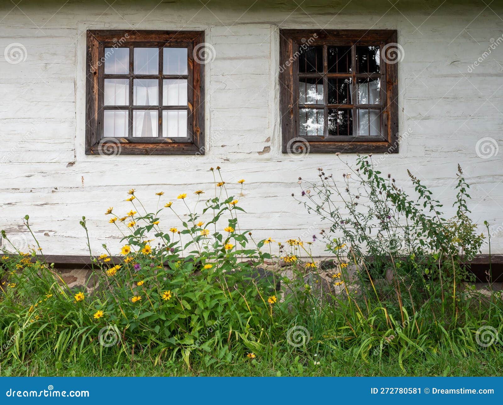 Old Rustic House Wall with Two Windows. Poland Stock Image - Image of ...
