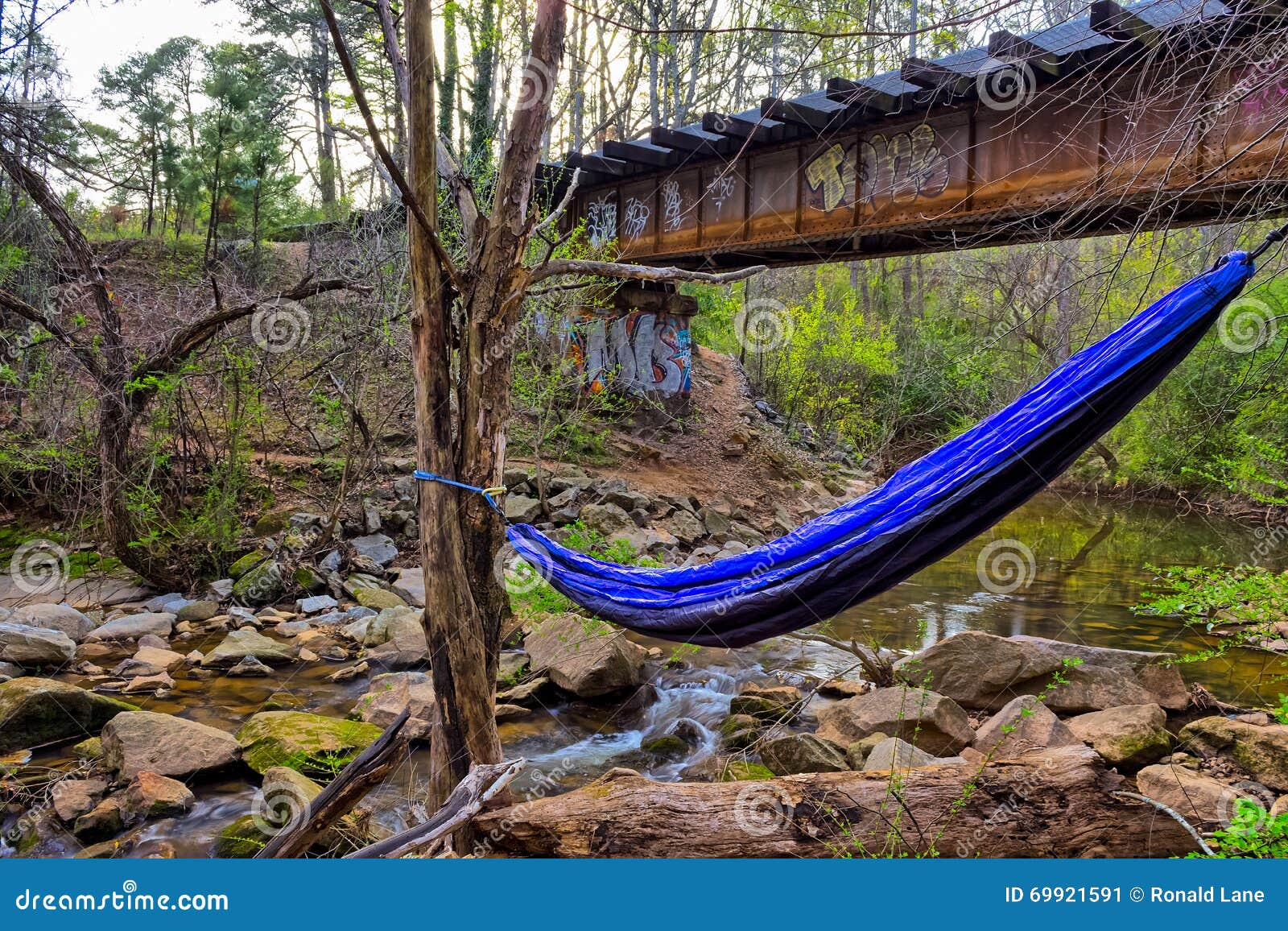 Old Rustic Rail Road Bridge with Hammock and River Stock Image - Image ...
