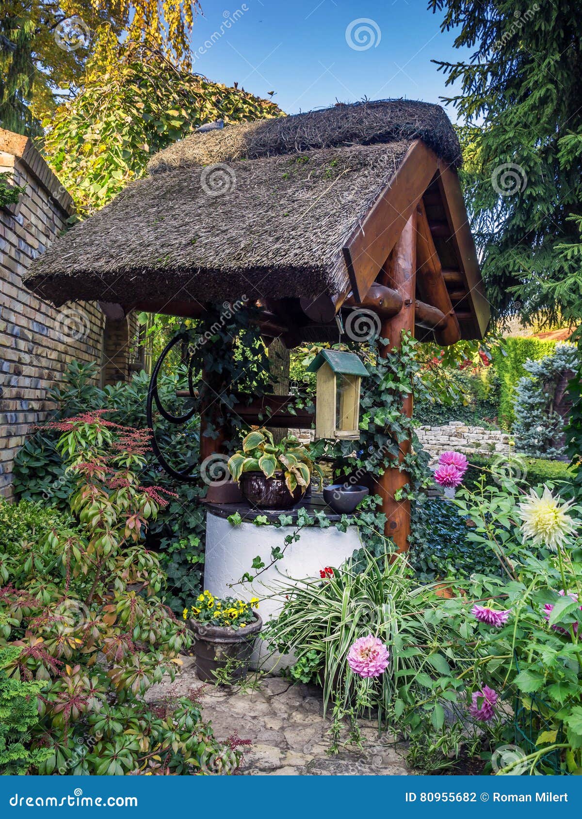 Old rustic well stock photo. Image of antique, thatched - 80955682