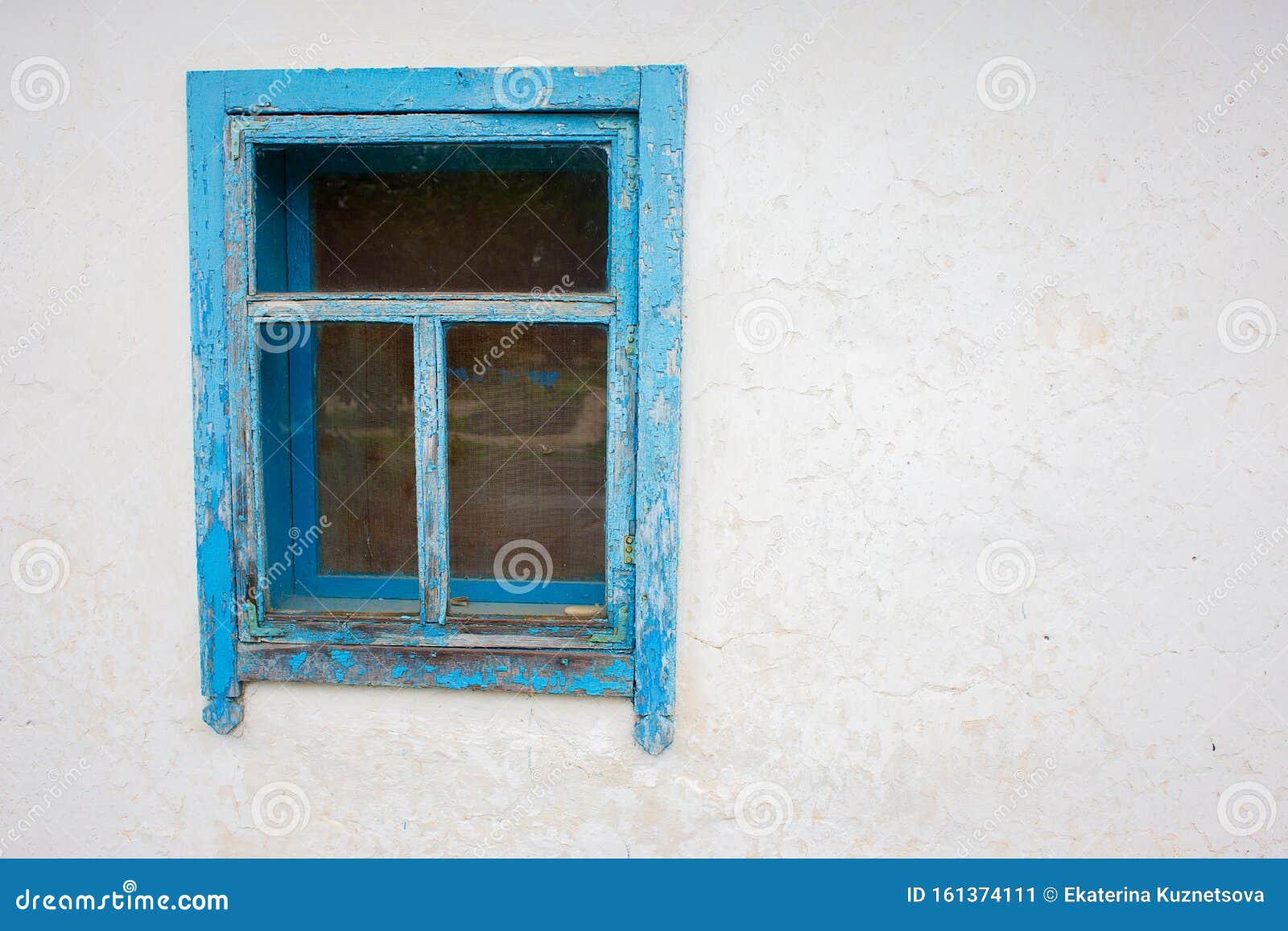 Old Rustic Window with a Blue Frame on a White Wall Background Stock ...