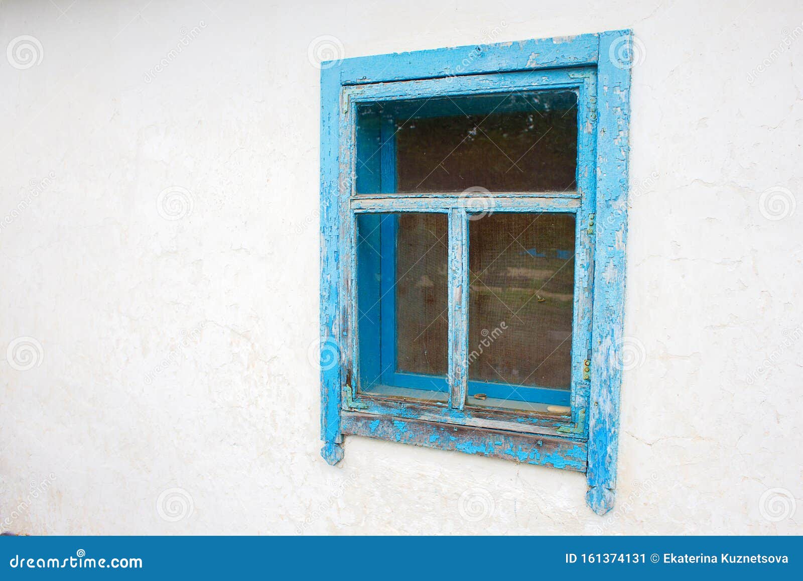 Old Rustic Window Painted with Blue Showered Paint Frame on a White ...
