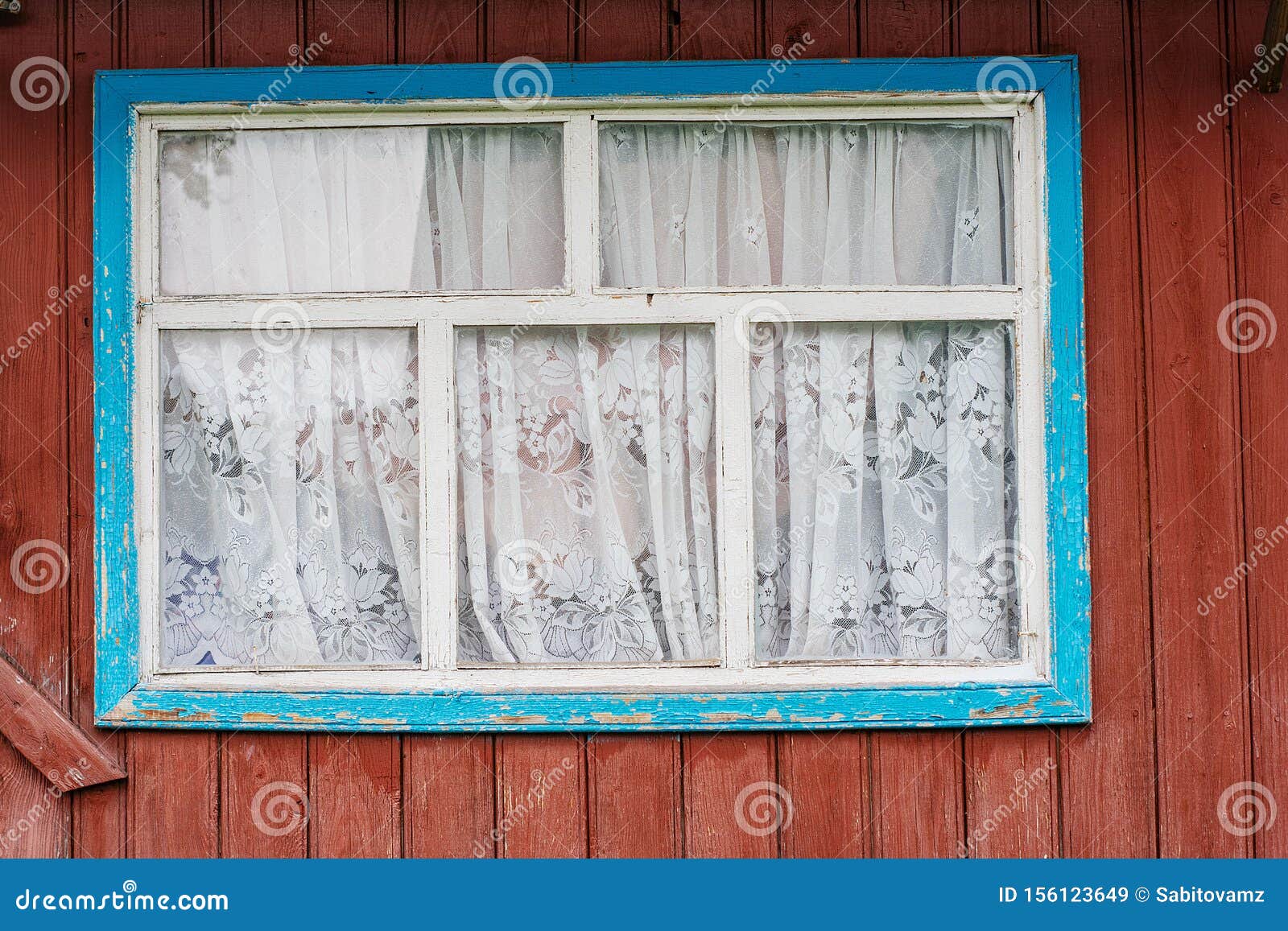 Old Rustic Window in Blue and White on a Brown Wall Stock Image - Image ...