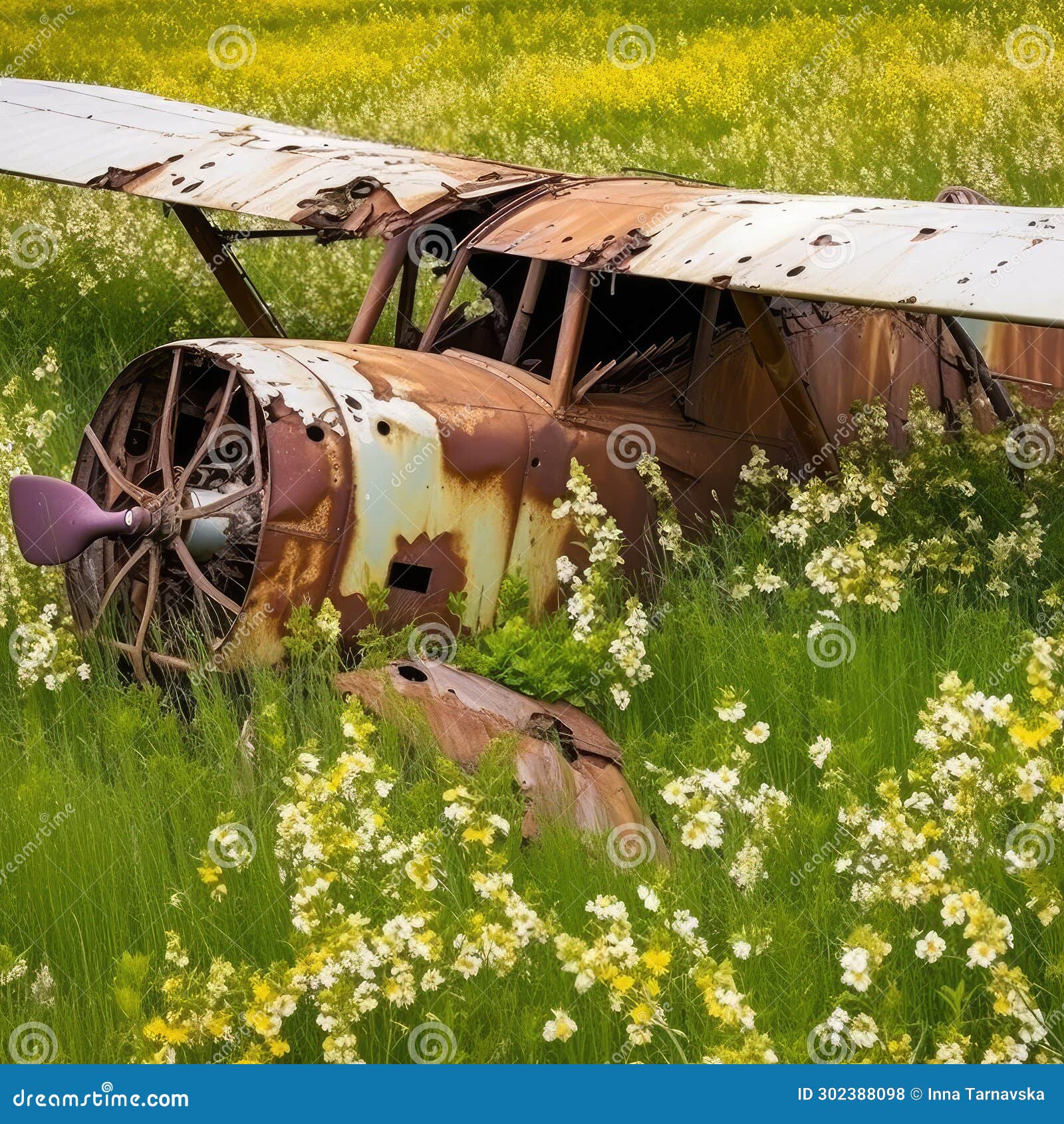 Old Rusty Abandoned Crashed Plane in Meadow with Flowers on Bright ...