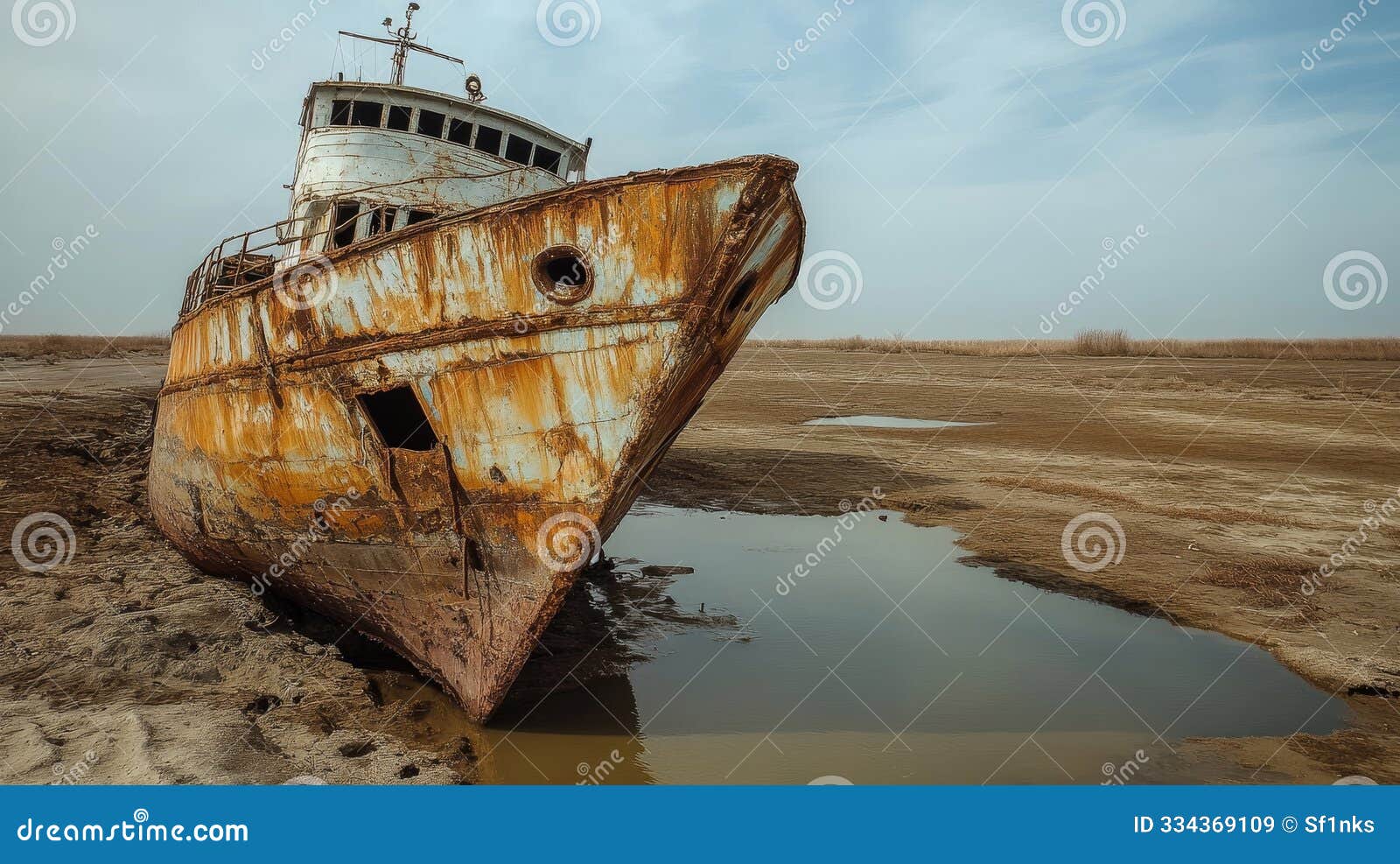 Old Rusty Abandoned Ship Stranded on Cracked Dry Lake Bed, Reflecting ...