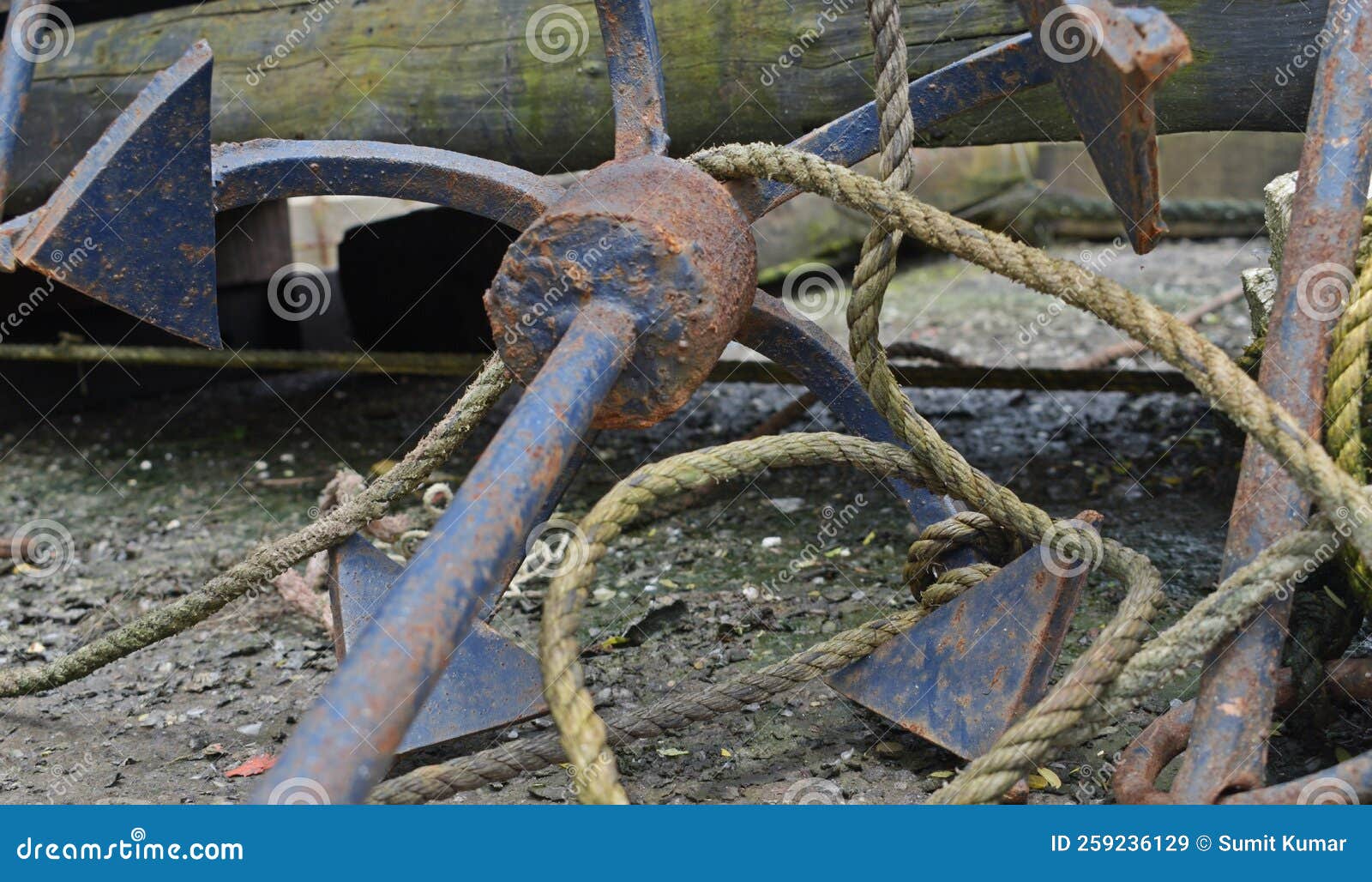 Old rustic anchor on boat stock image. Image of rustic - 259236129